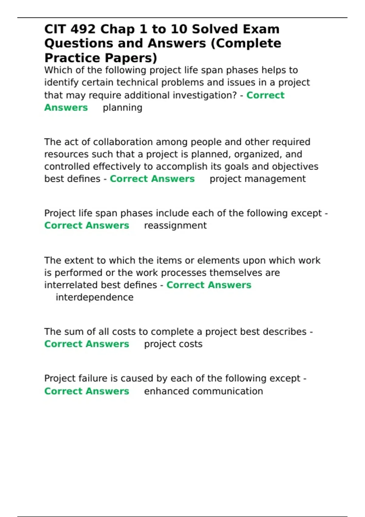 CIT 492 Chap 1 to 10 Solved Exam Questions and Answers (Complete ...