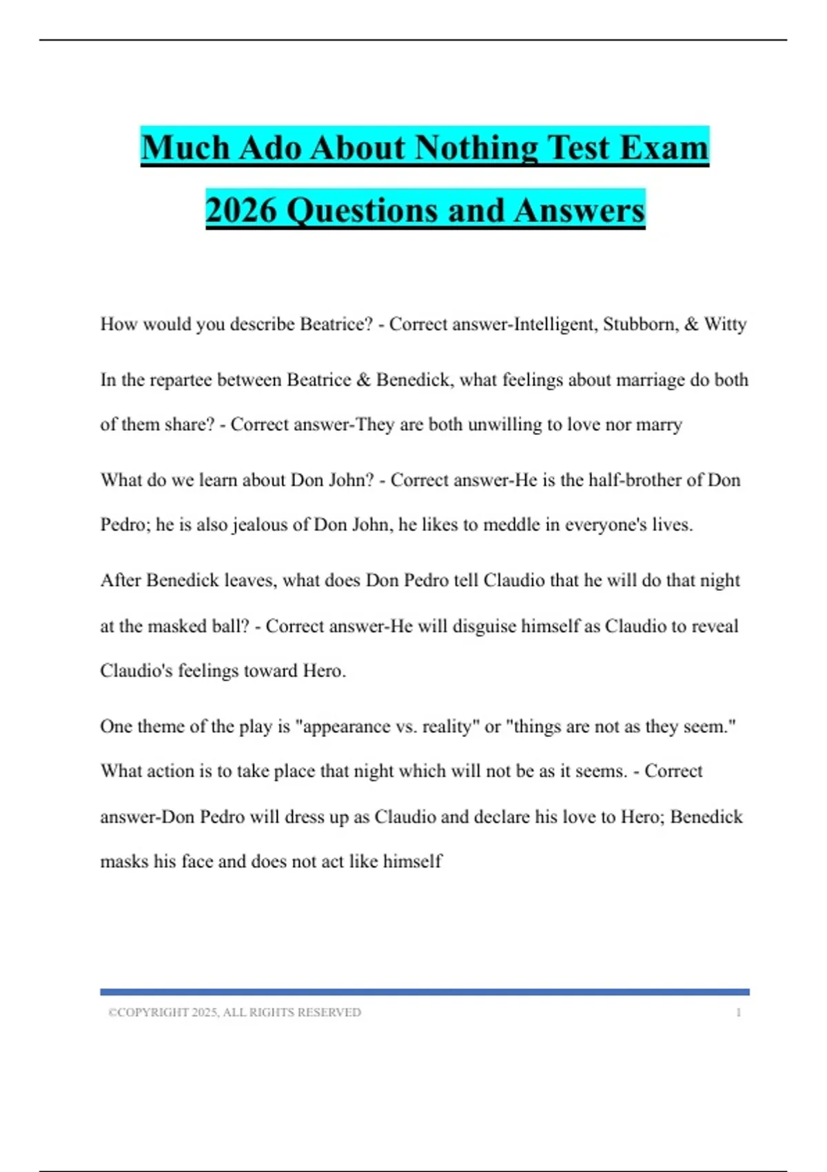 Much Ado About Nothing Test Exam 2026 Questions and Answers - Much ado ...