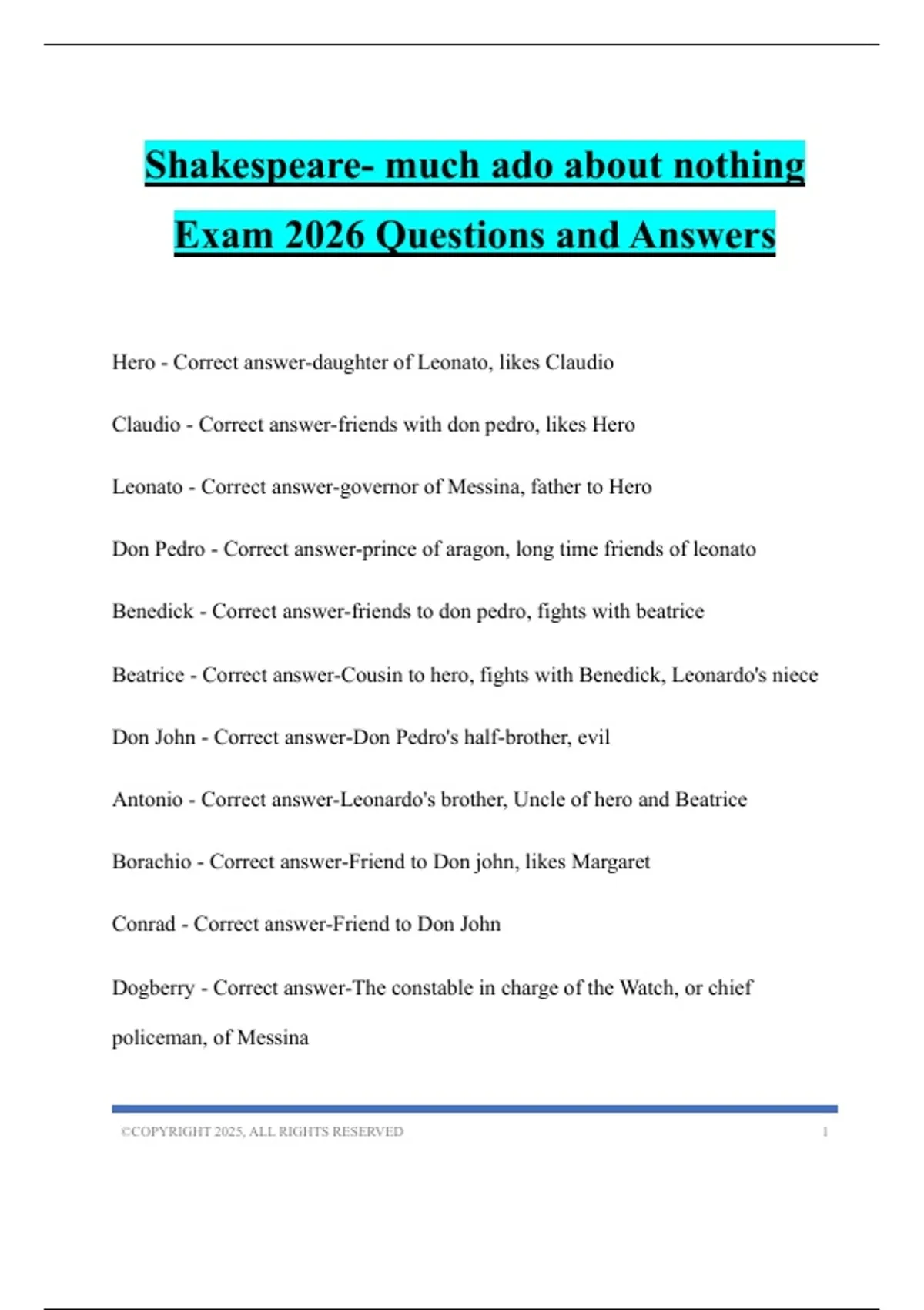 Shakespeare- much ado about nothing Exam 2026 Questions and Answers ...