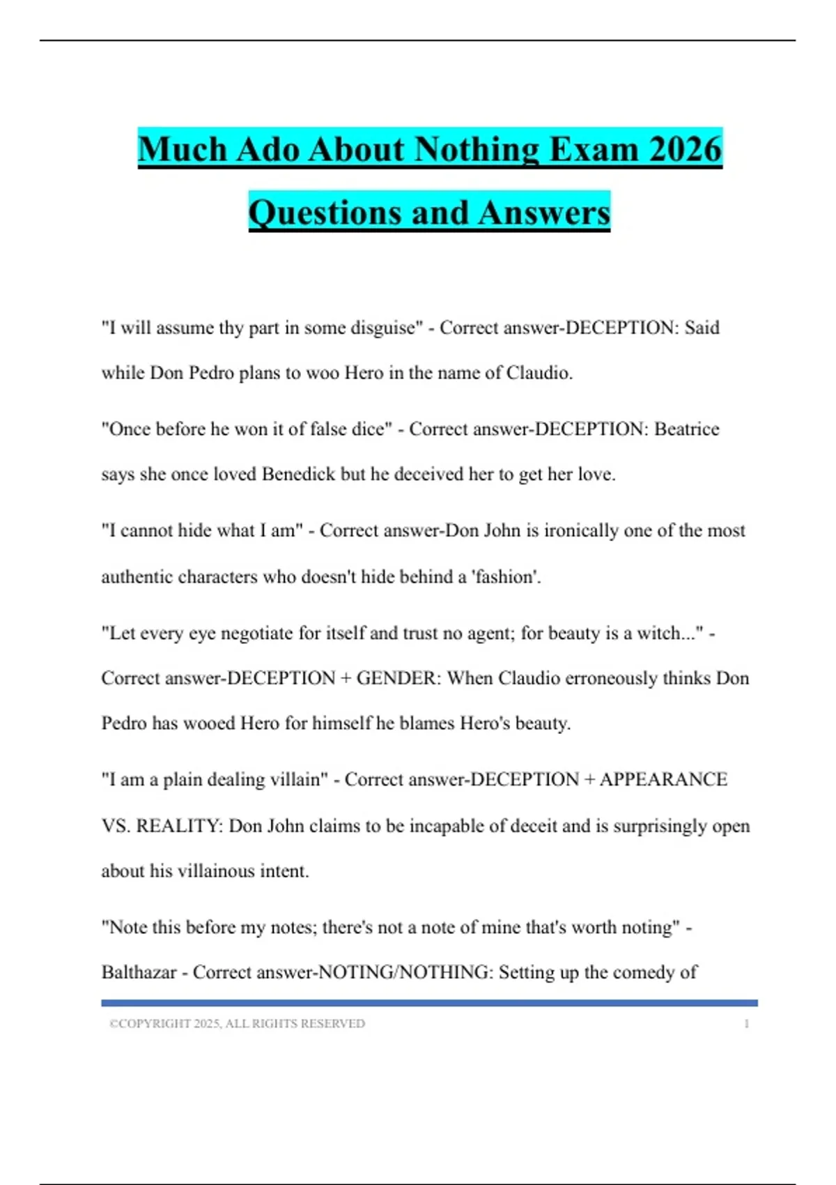 Much Ado About Nothing Exam 2026 Questions and Answers - Much ado about ...