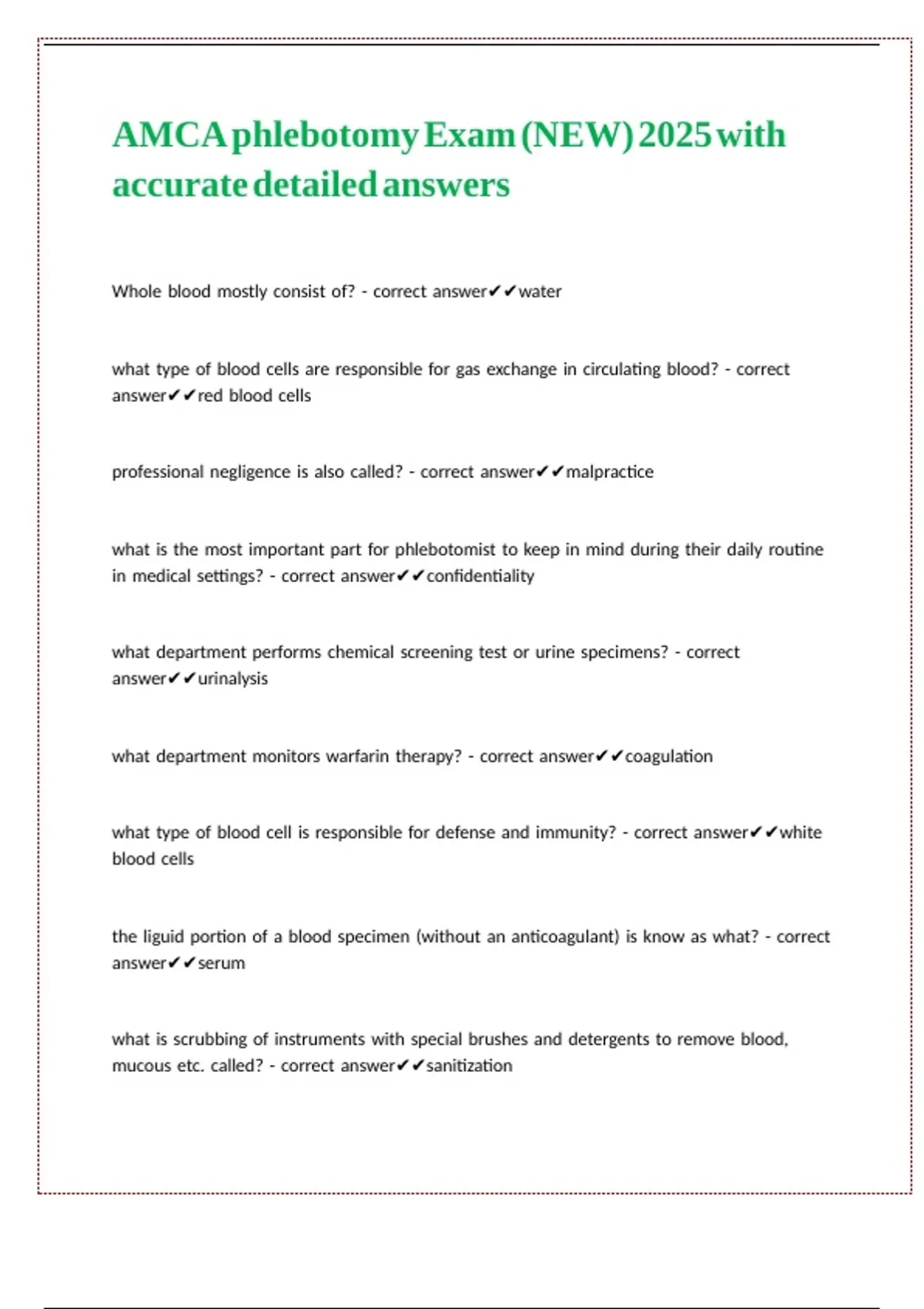AMCA phlebotomy Exam (NEW) 2025 with accurate detailed answers - AMCA ...