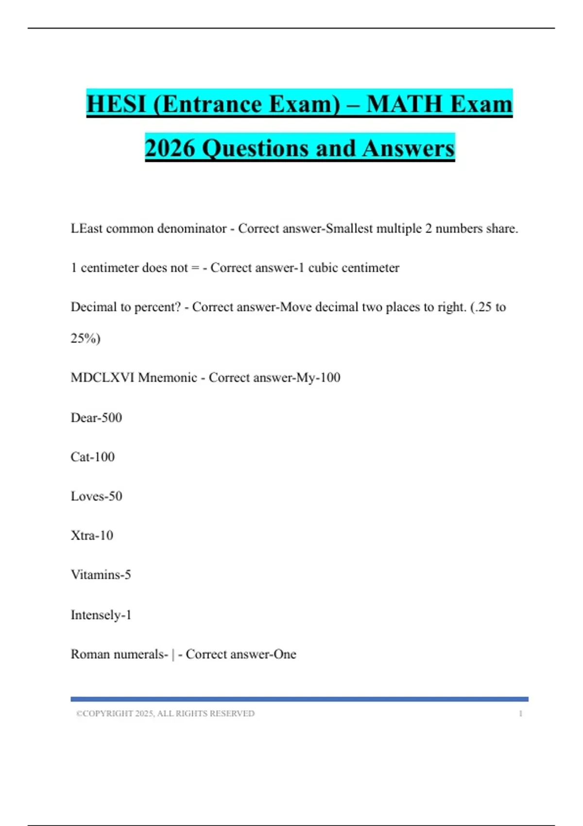 HESI (Entrance Exam) – MATH Exam 2026 Questions and Answers - HESI A2 ...