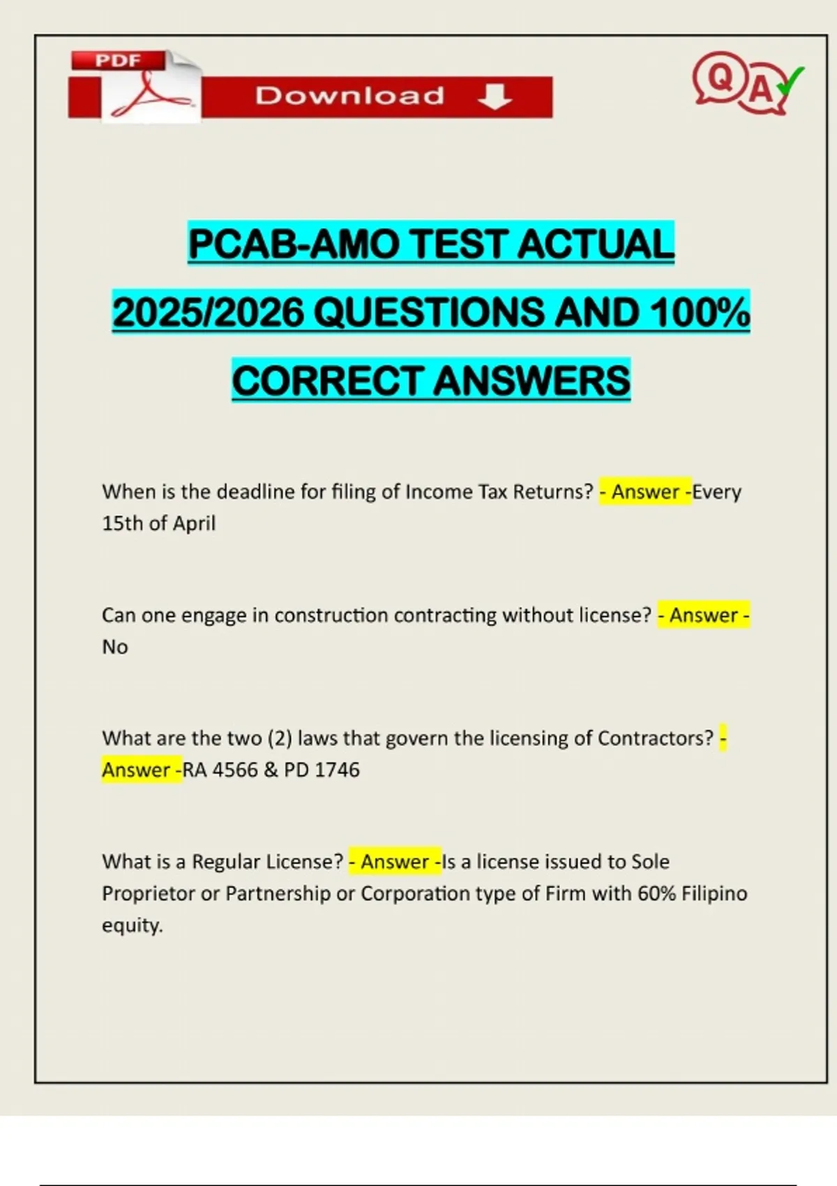 PCAB-AMO TEST ACTUAL 2025/2026 QUESTIONS AND 100% CORRECT ANSWERS ...