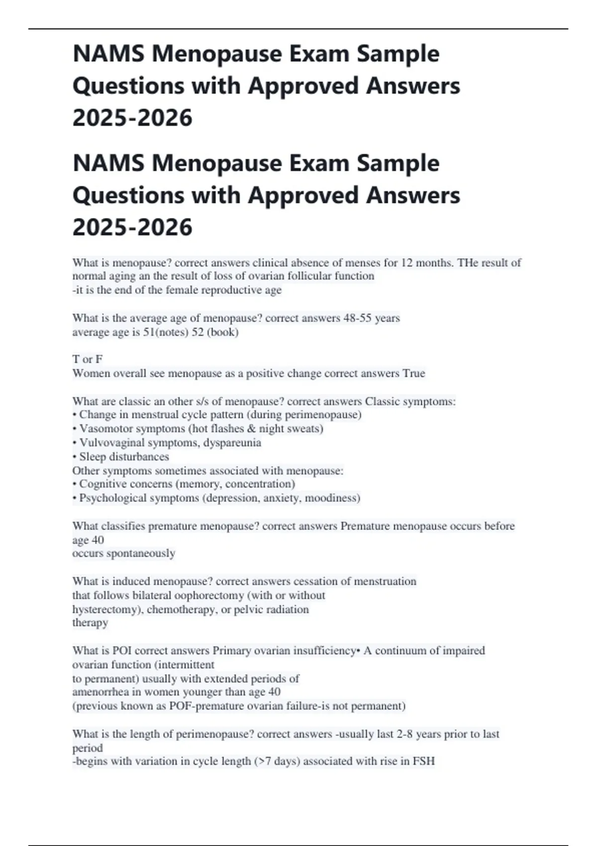 NAMS Menopause Exam Sample Questions with Approved Answers - Nursing ...
