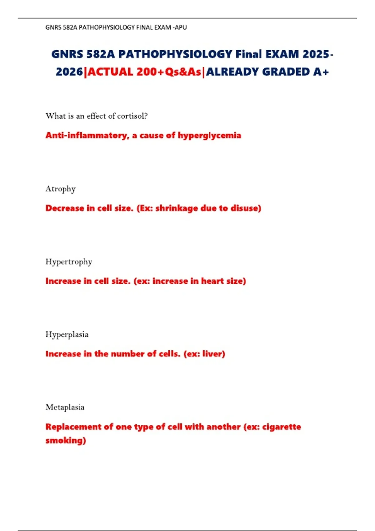 GNRS 582A PATHOPHYSIOLOGY Final EXAM |ACTUAL 200+Qs&As|ALREADY GRADED ...
