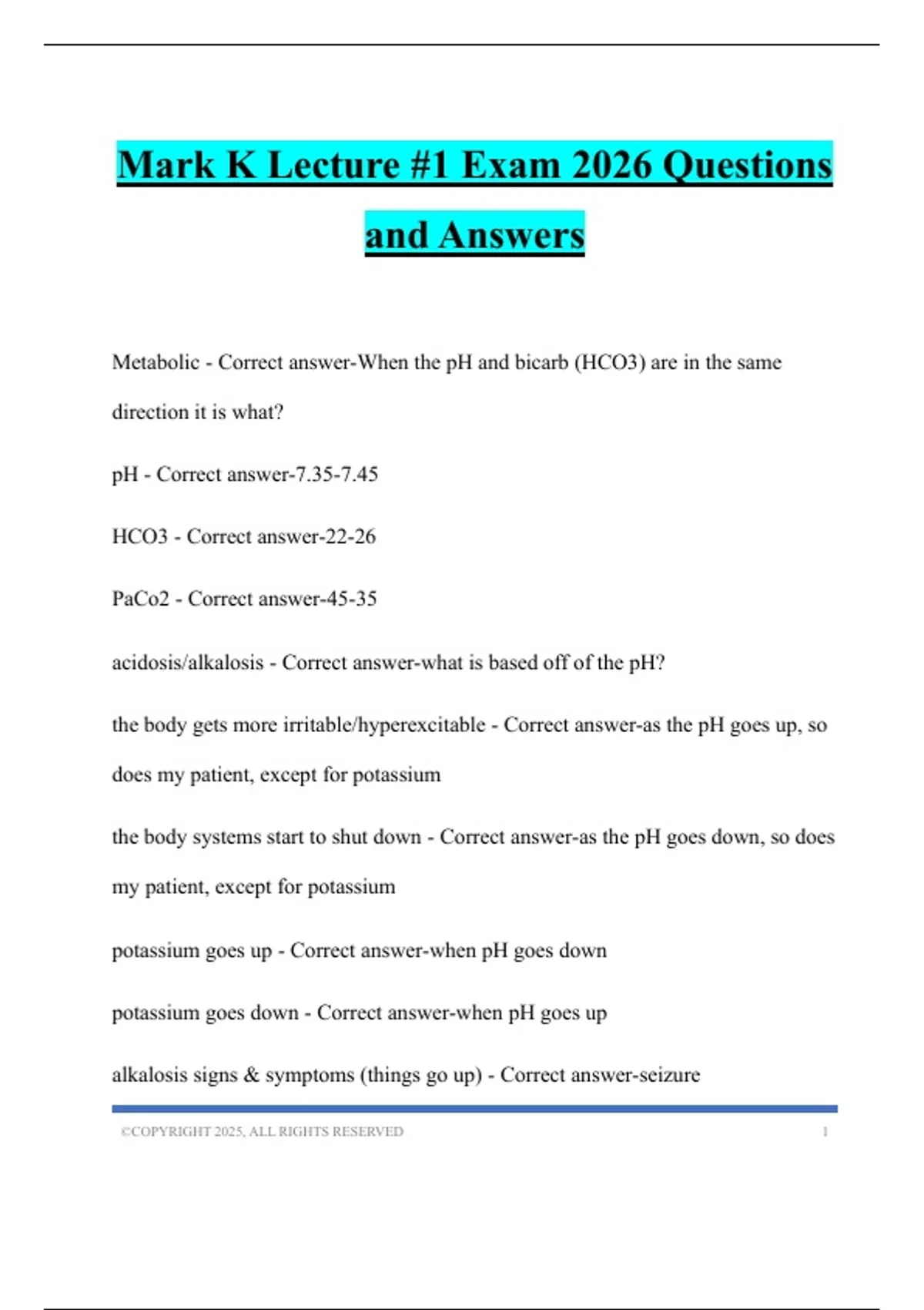 Mark K Lecture #1 Exam 2026 Questions and Answers - NCLEX - Stuvia US