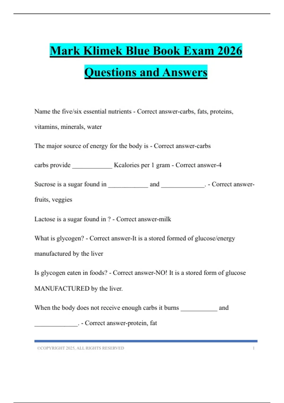 Mark Klimek Blue Book Exam 2026 Questions and Answers - NCLEX - Stuvia US