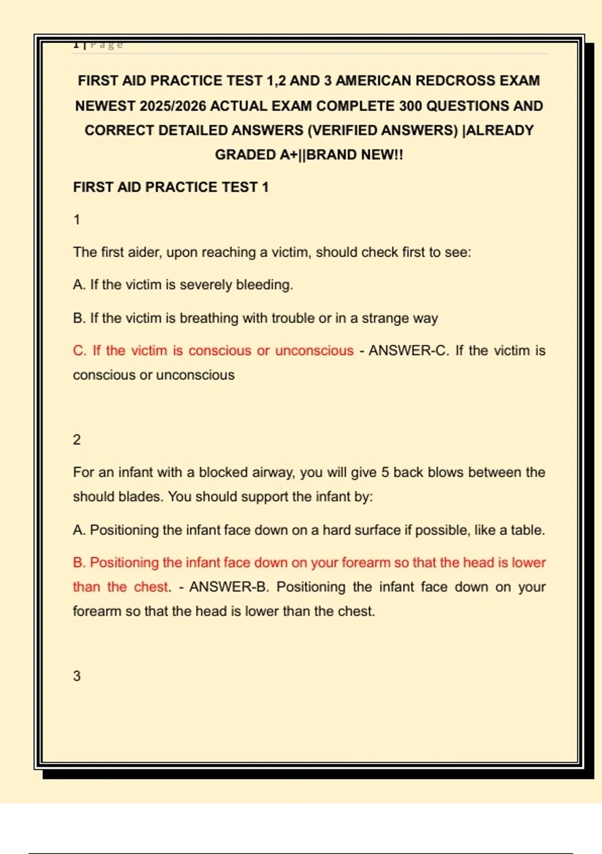 First Aid – American Red Cross Practice Tests 1, 2 & 3 Exam 2025/2026 ...
