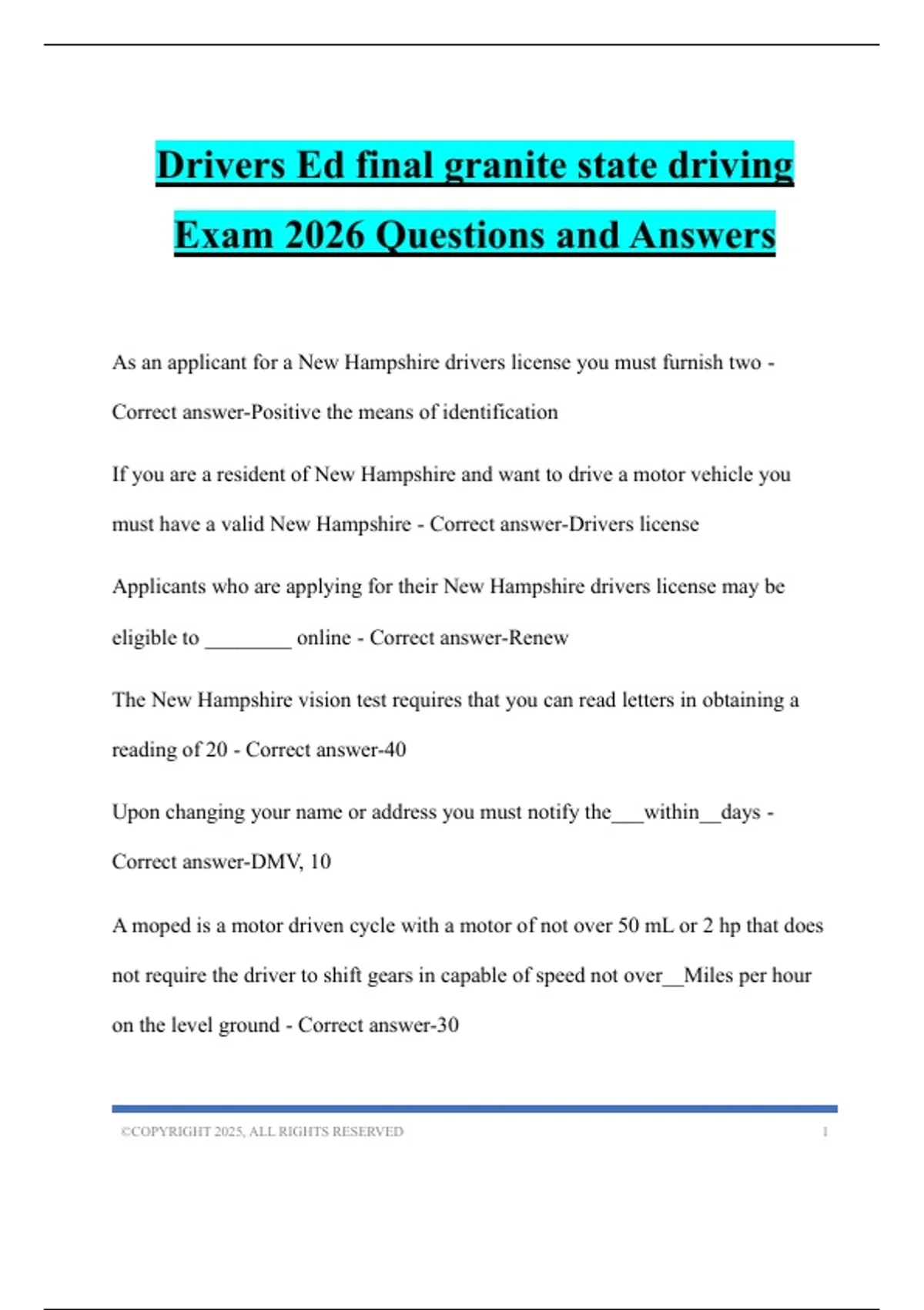 Drivers Ed final granite state driving Exam 2026 Questions and Answers ...
