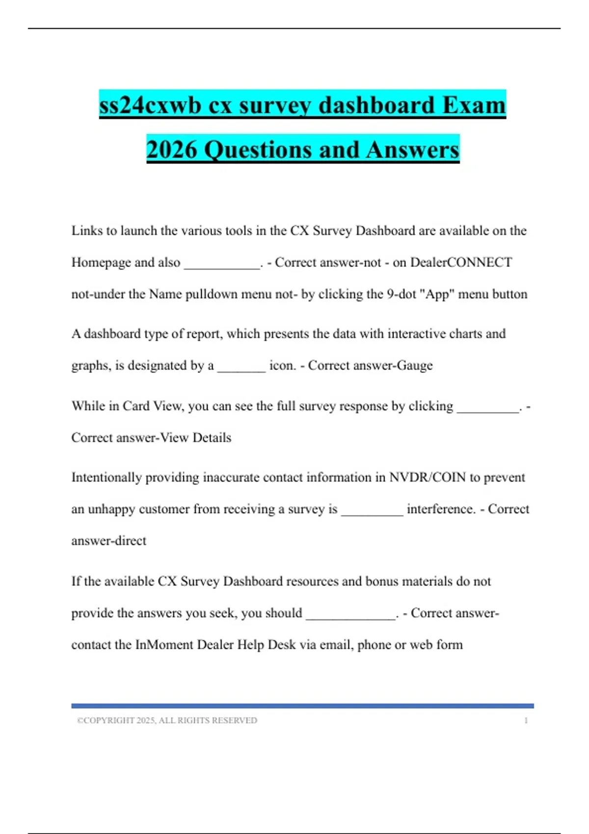 ss24cxwb cx survey dashboard Exam 2026 Questions and Answers ...