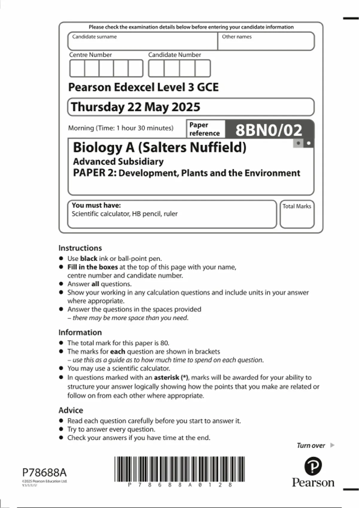 Pearson Edexcel As Level Biology Paper 2 2025 (8BNO/02: Development ...