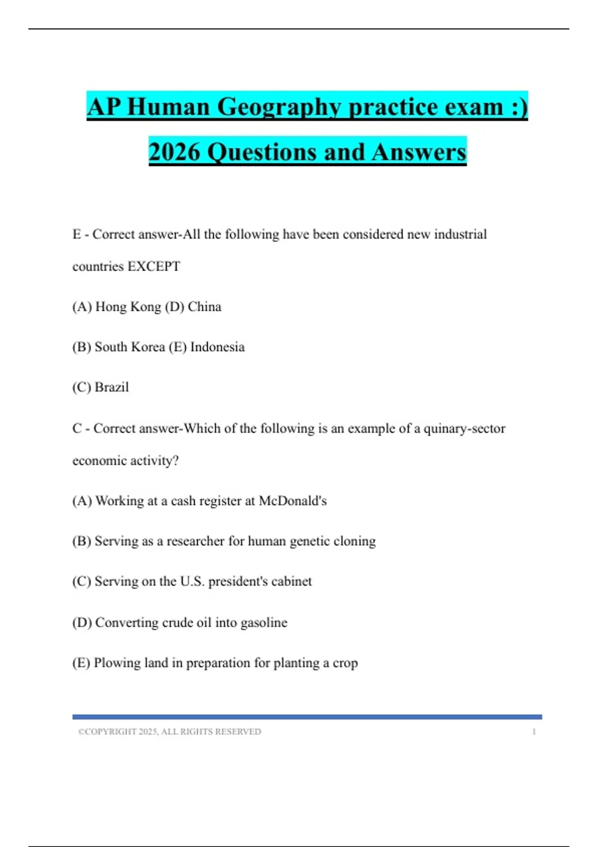 AP Human Geography practice exam :) 2026 Questions and Answers - Ap ...