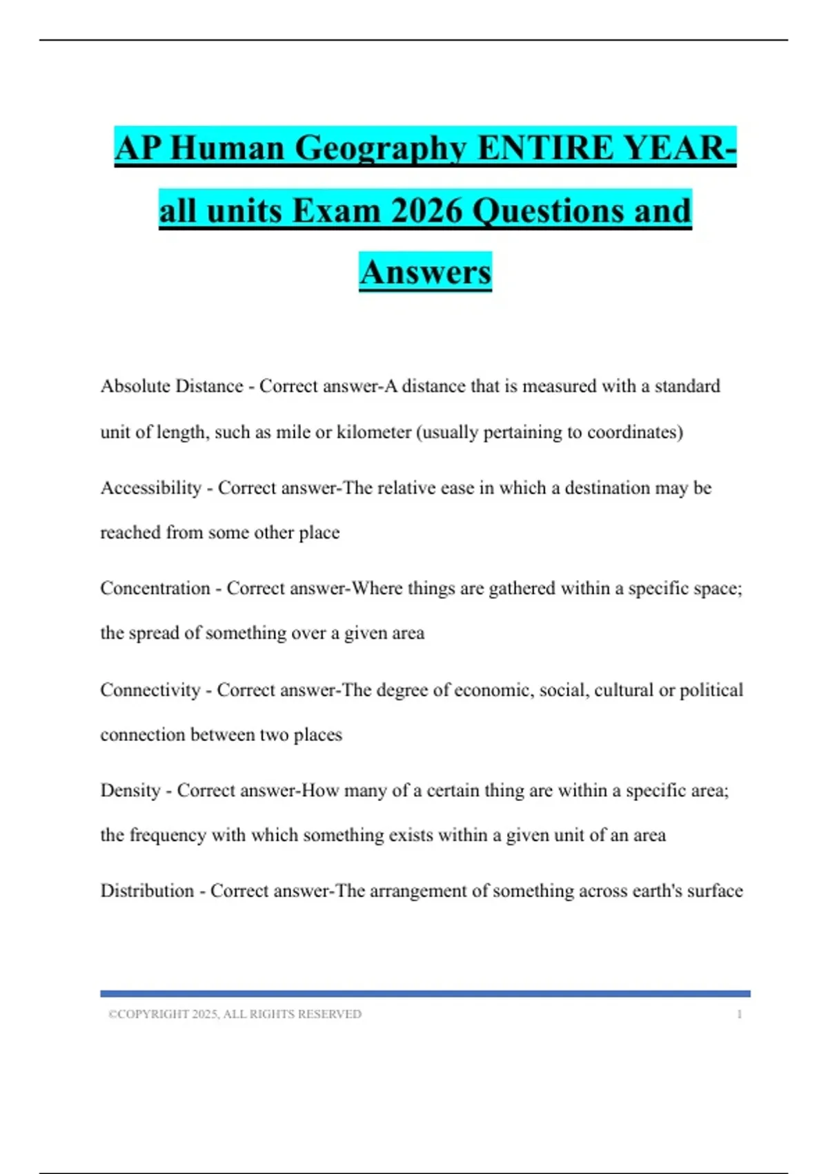 AP Human Geography ENTIRE YEAR- all units Exam 2026 Questions and ...