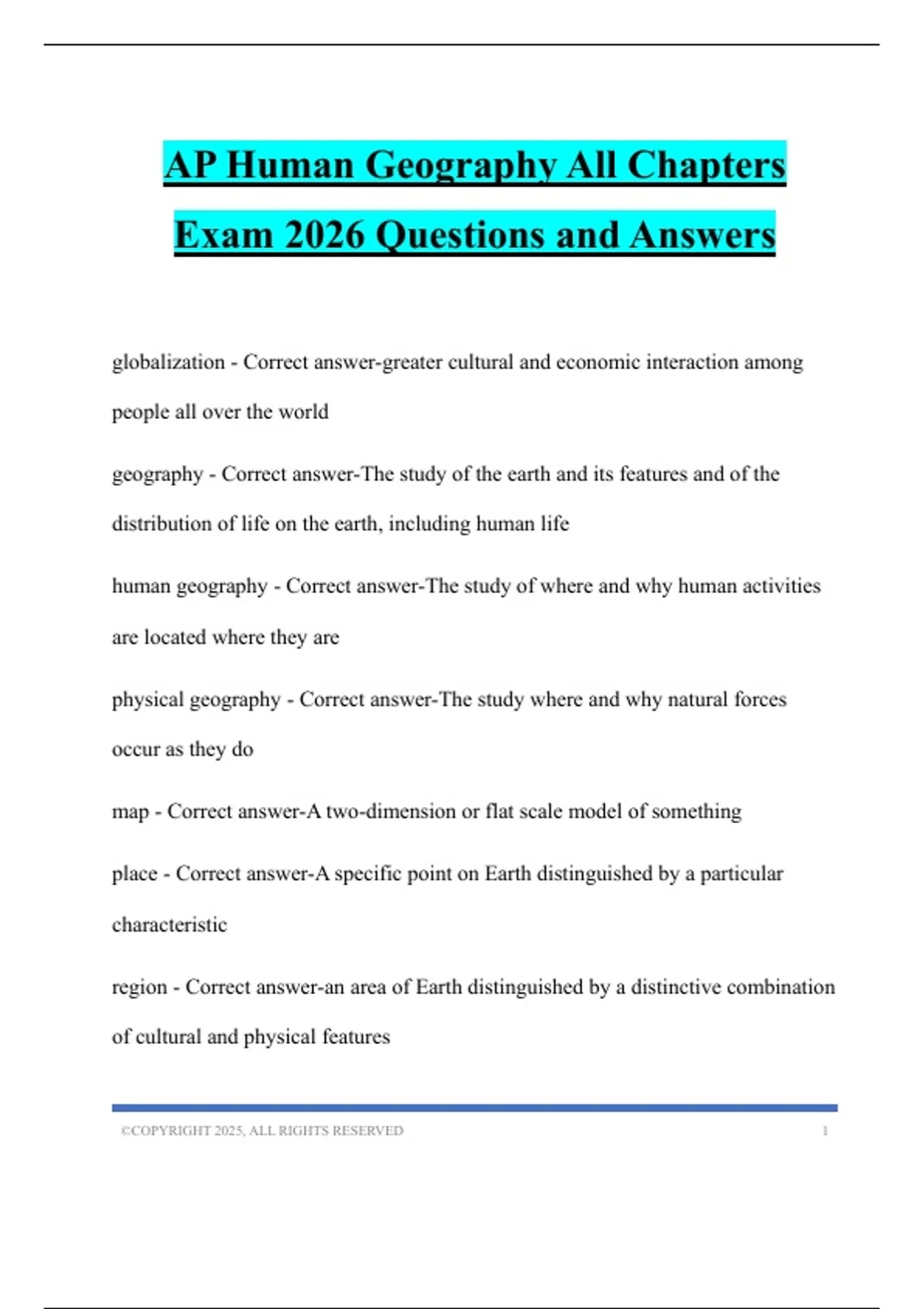 AP Human Geography All Chapters Exam 2026 Questions and Answers - Ap ...