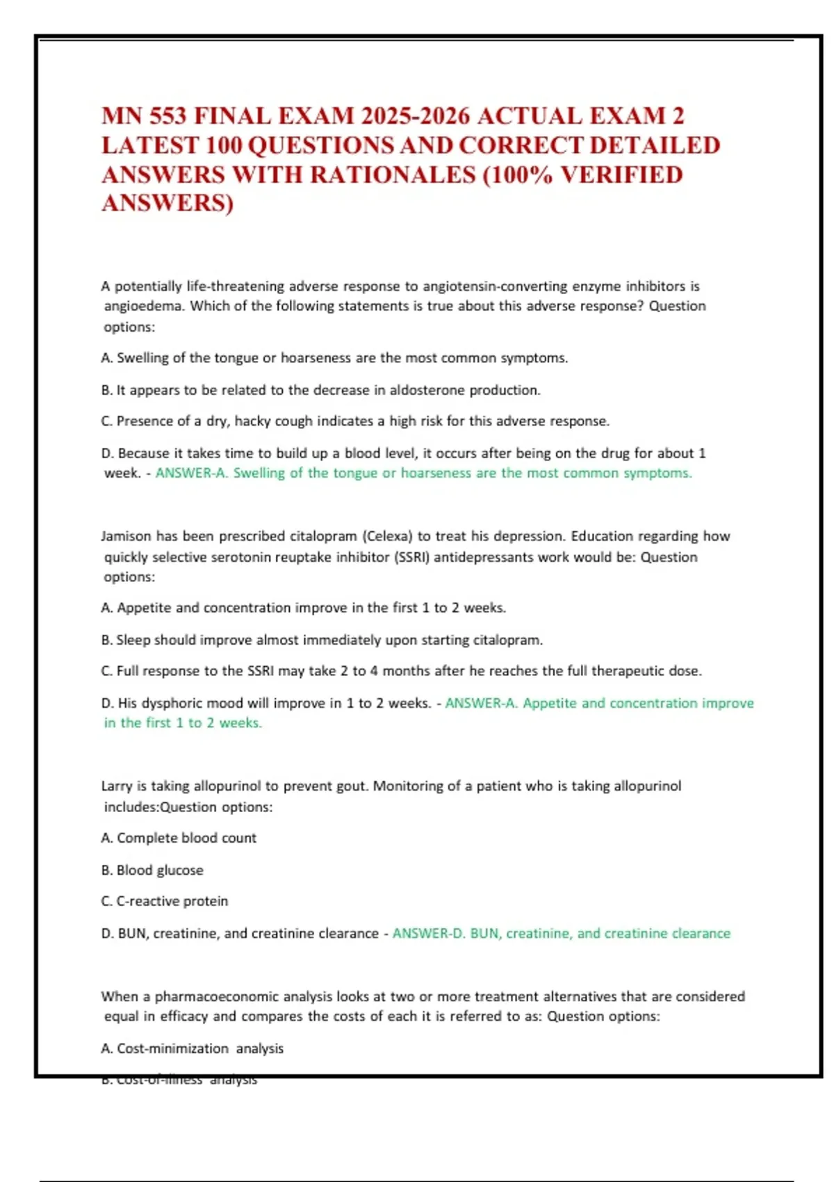 MN 553 FINAL EXAM ACTUAL EXAM 2 LATEST 100 QUESTIONS AND CORRECT ...