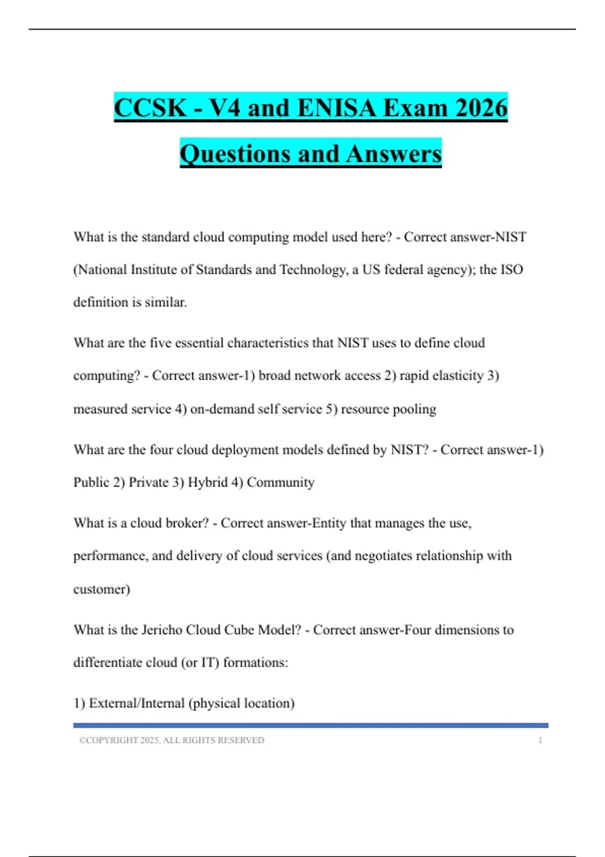 CCSK - V4 and ENISA Exam 2026 Questions and Answers - CCSK - Stuvia US