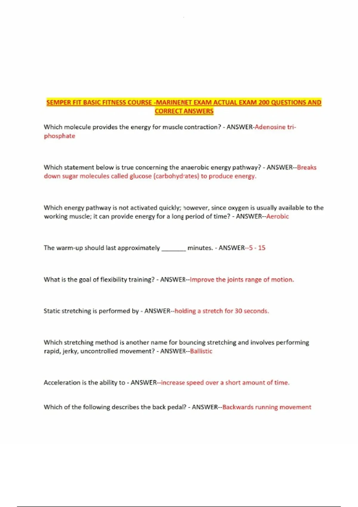 SEMPER FIT BASIC FITNESS COURSE -MARINENET EXAM ACTUAL EXAM 200 ...