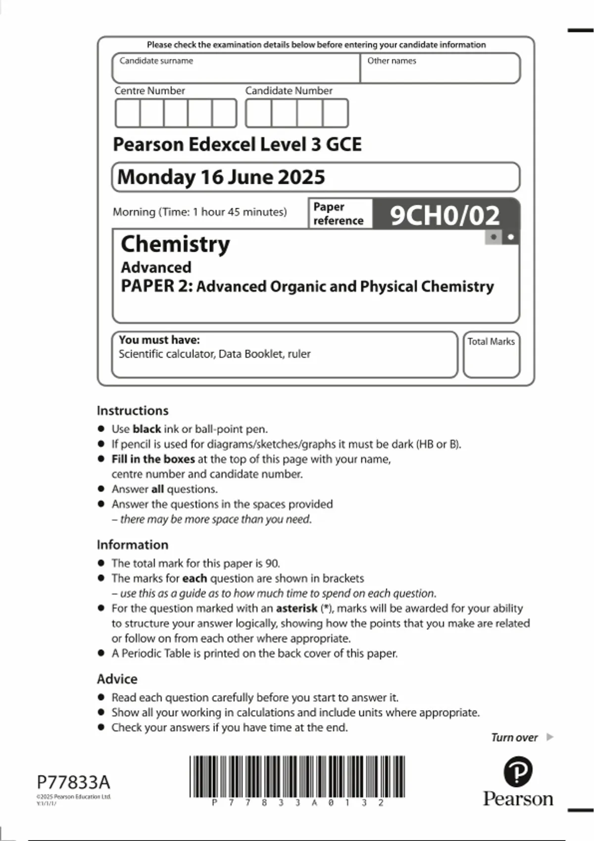 Pearson Edexcel A Level Chemistry Paper 2 2025 (9CH0/02: Advanced ...