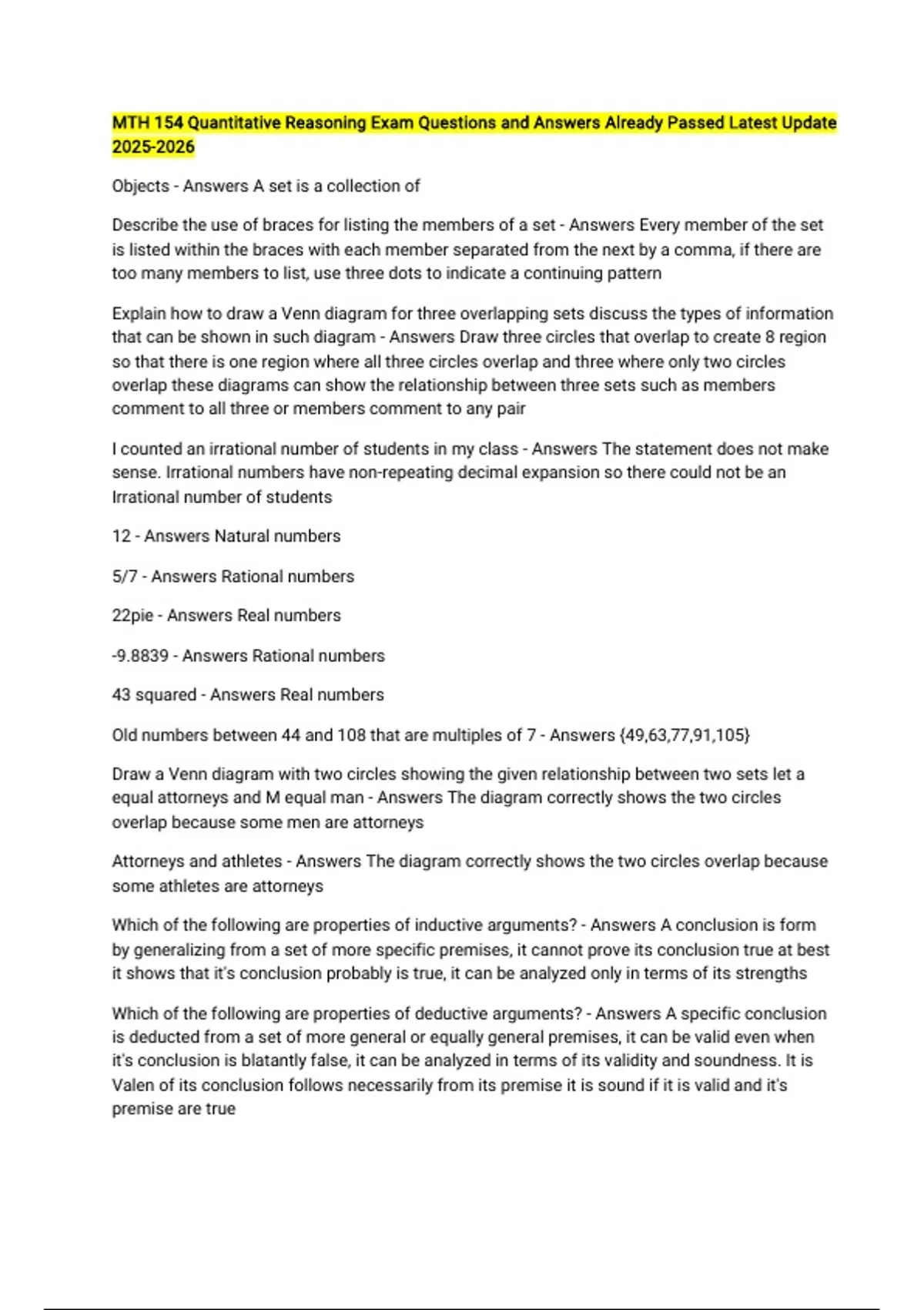 MTH 154 Quantitative Reasoning Exam Questions and Answers Already ...