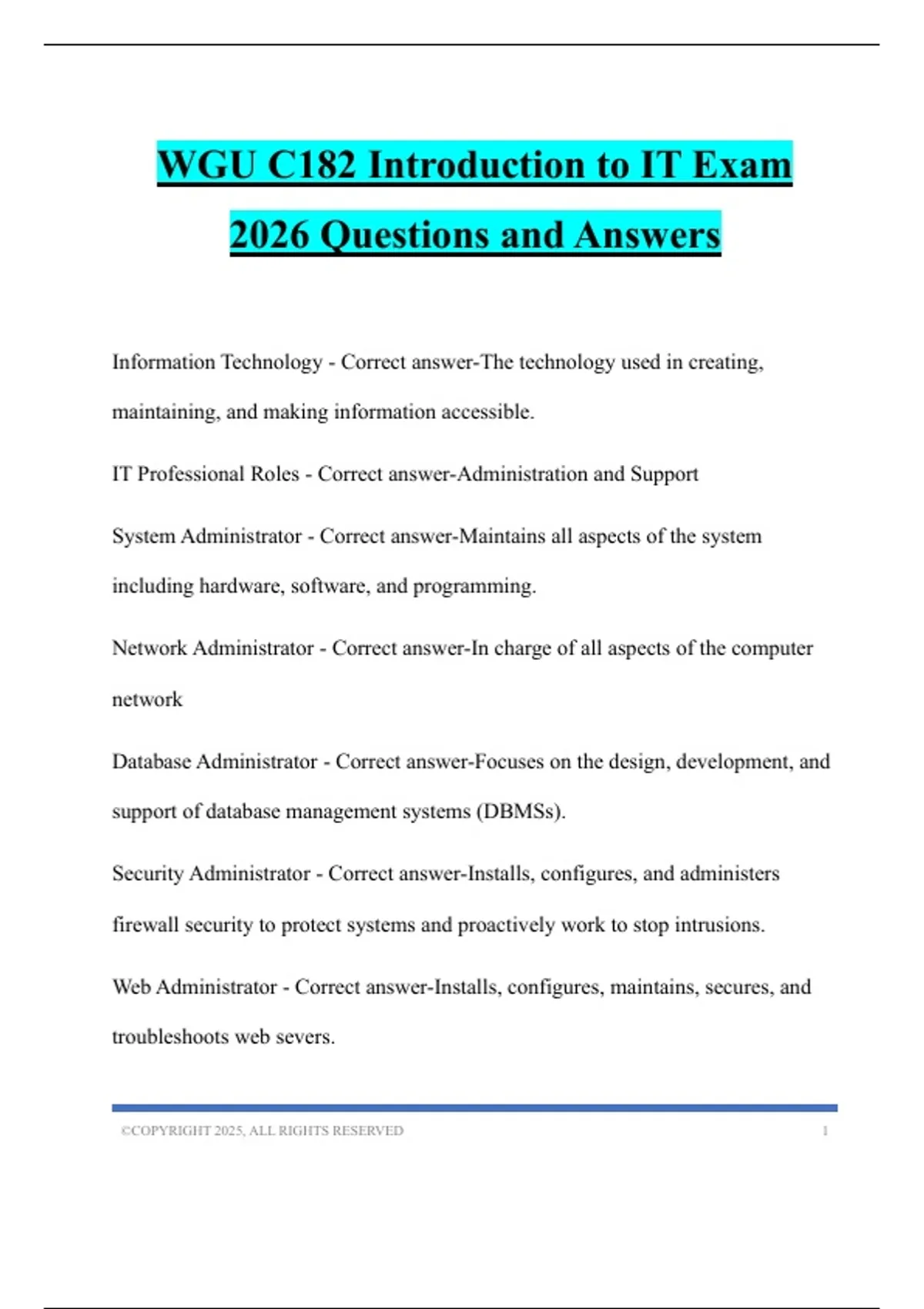 WGU C182 Introduction to IT Exam 2026 Questions and Answers - WGU C182 ...