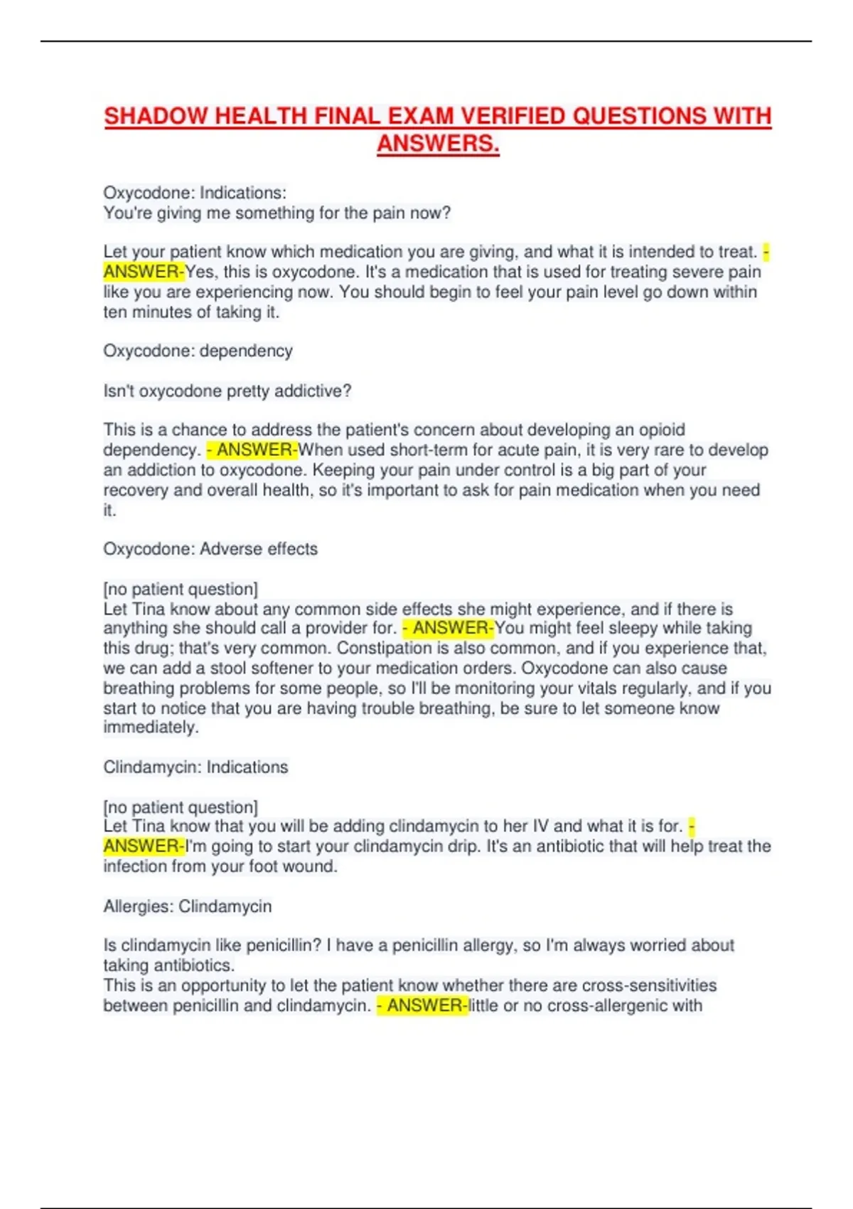 SHADOW HEALTH FINAL EXAM VERIFIED QUESTIONS WITH ANSWERS. - SHADOW ...