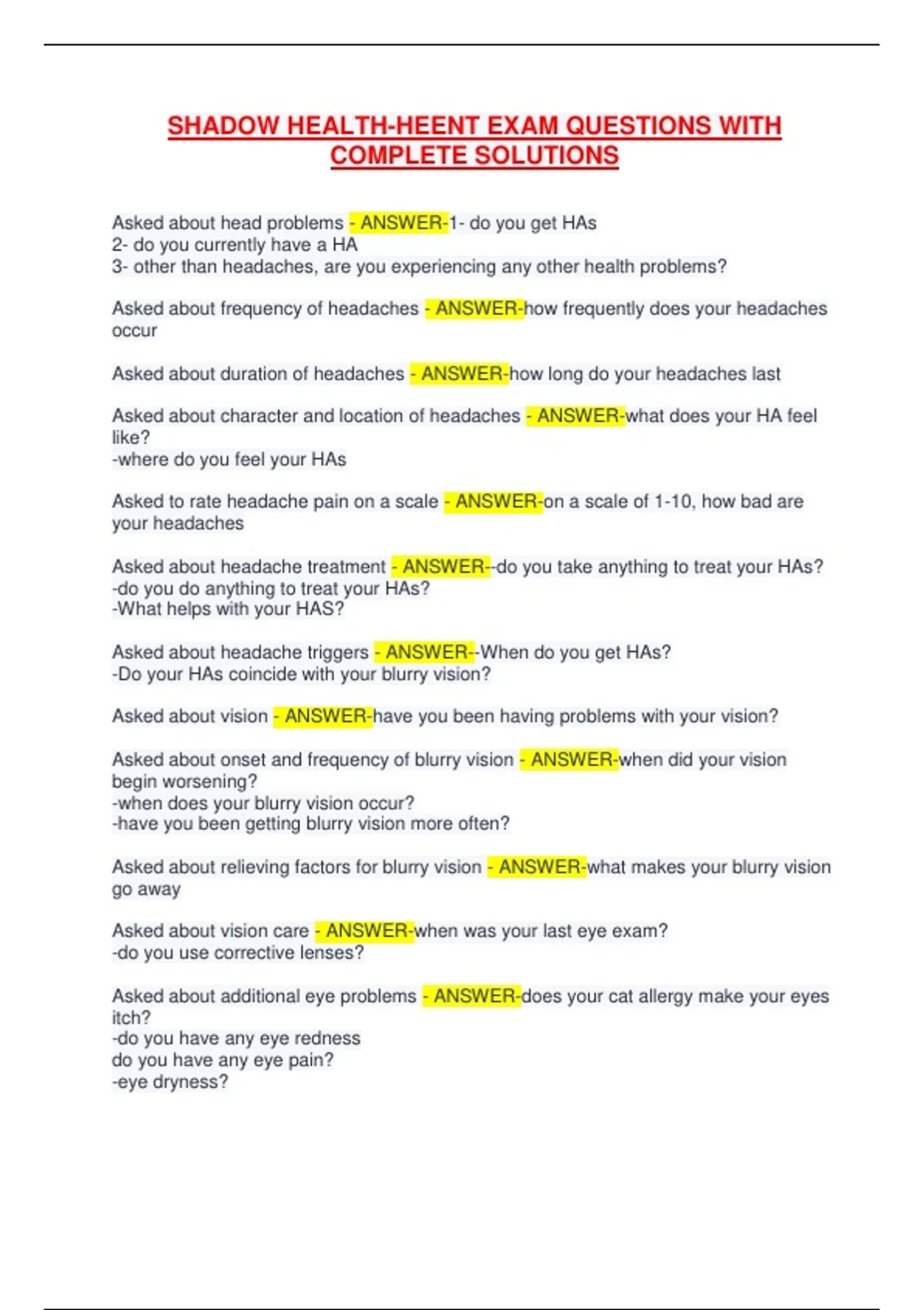 SHADOW HEALTH-HEENT EXAM QUESTIONS WITH COMPLETE SOLUTIONS - SHADOW ...