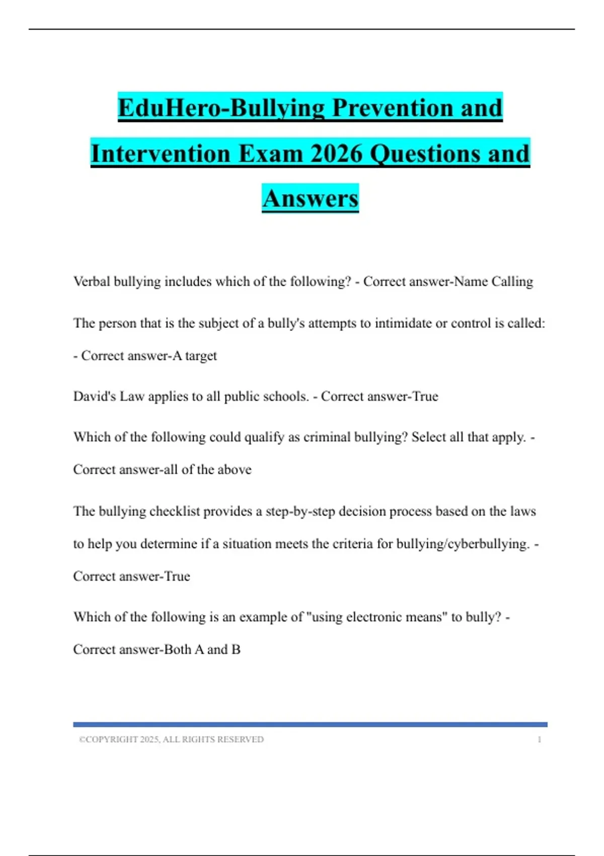 EduHero-Bullying Prevention and Intervention Exam 2026 Questions and ...