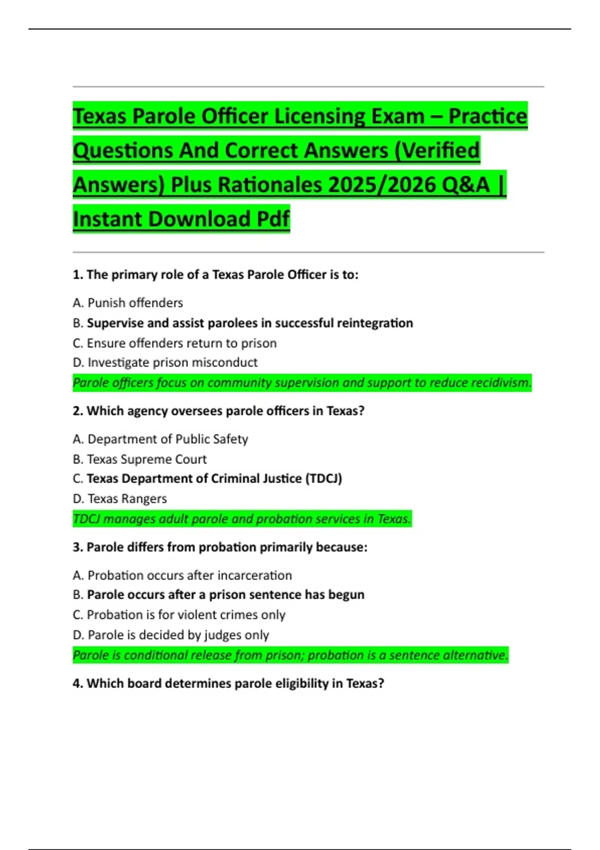 Texas Parole Officer Licensing Exam – Practice Questions And Correct ...