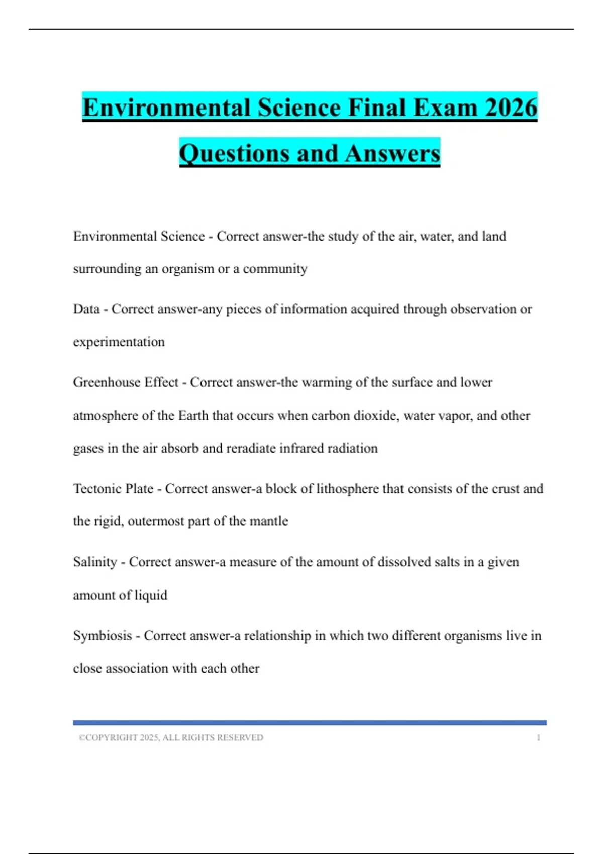 Environmental Science Final Exam 2026 Questions and Answers ...