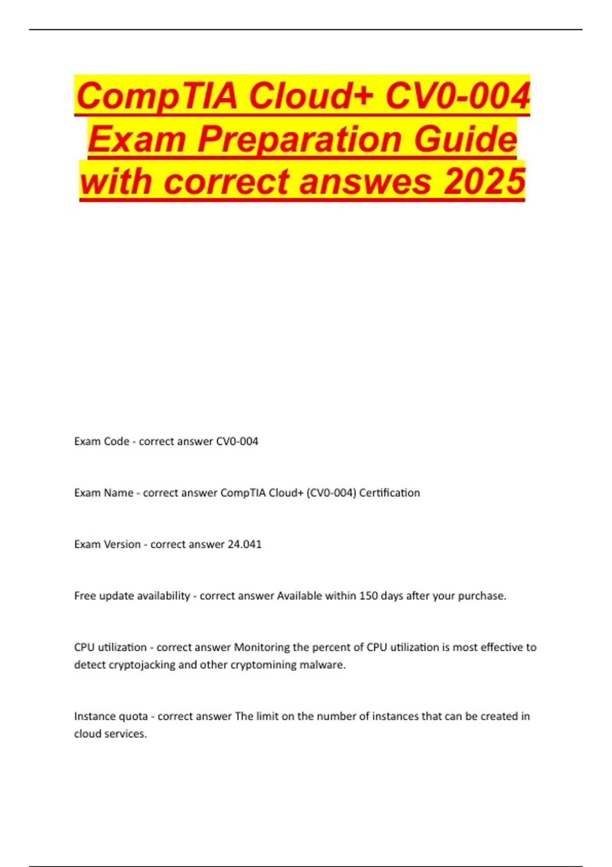 CompTIA Cloud+ CV0-004 Exam Preparation Guide with correct answes 2025 ...