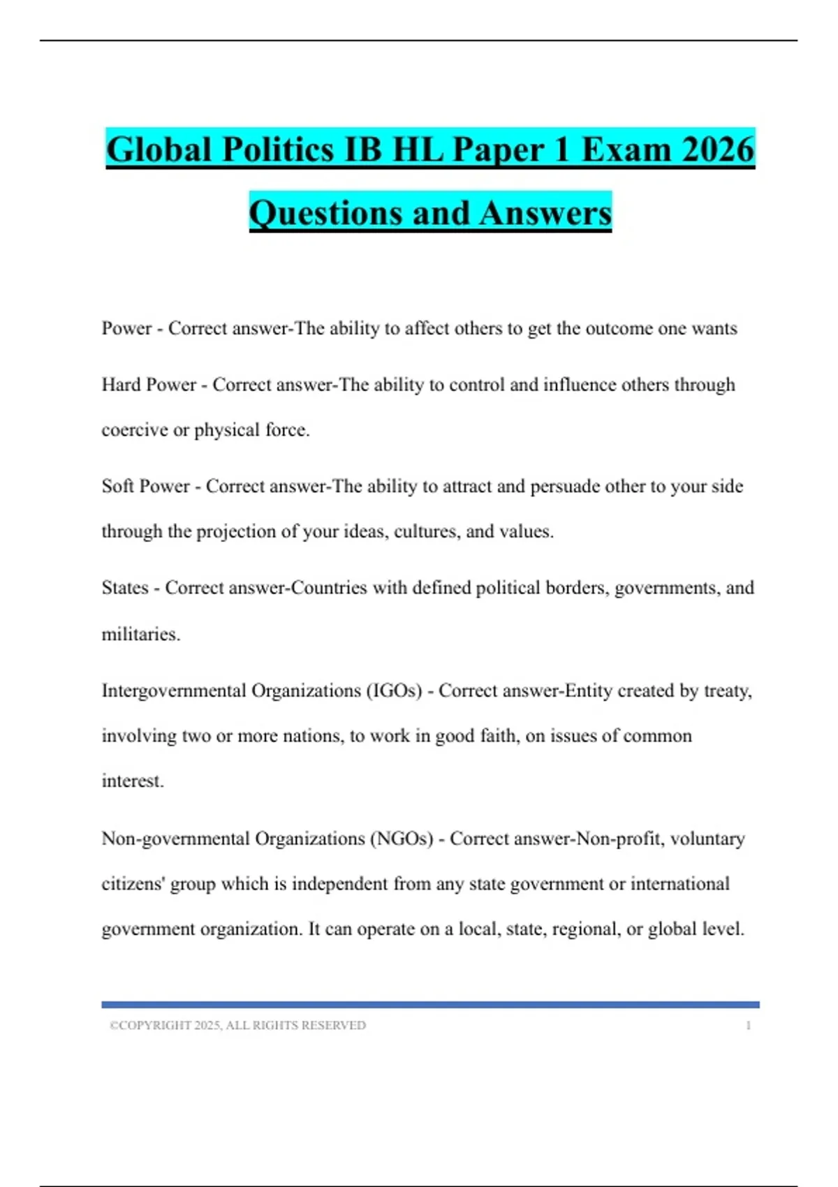 Global Politics IB HL Paper 1 Exam 2026 Questions and Answers - IB ...