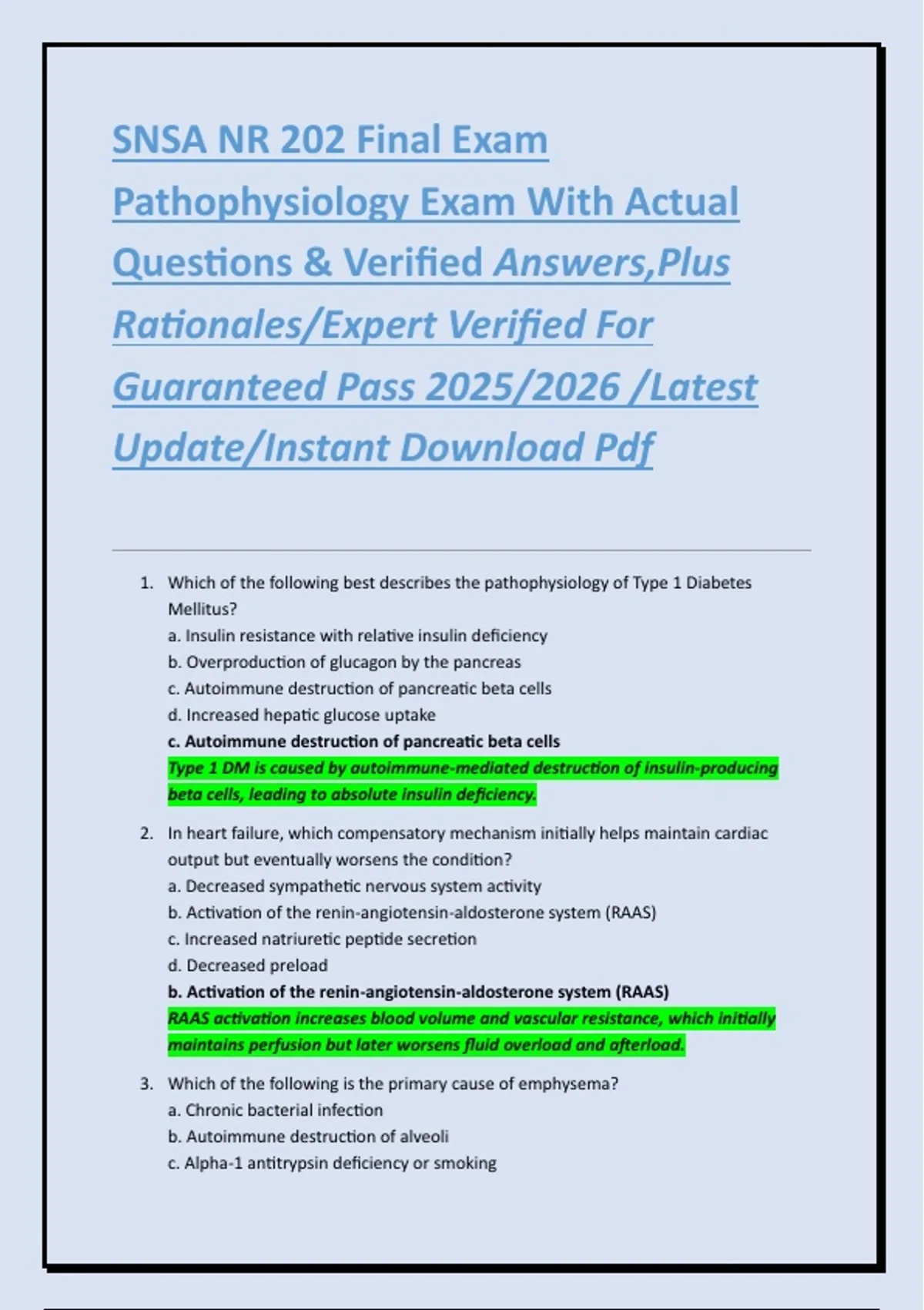 SNSA NR 202 Final Exam Pathophysiology Exam With Actual Questions ...