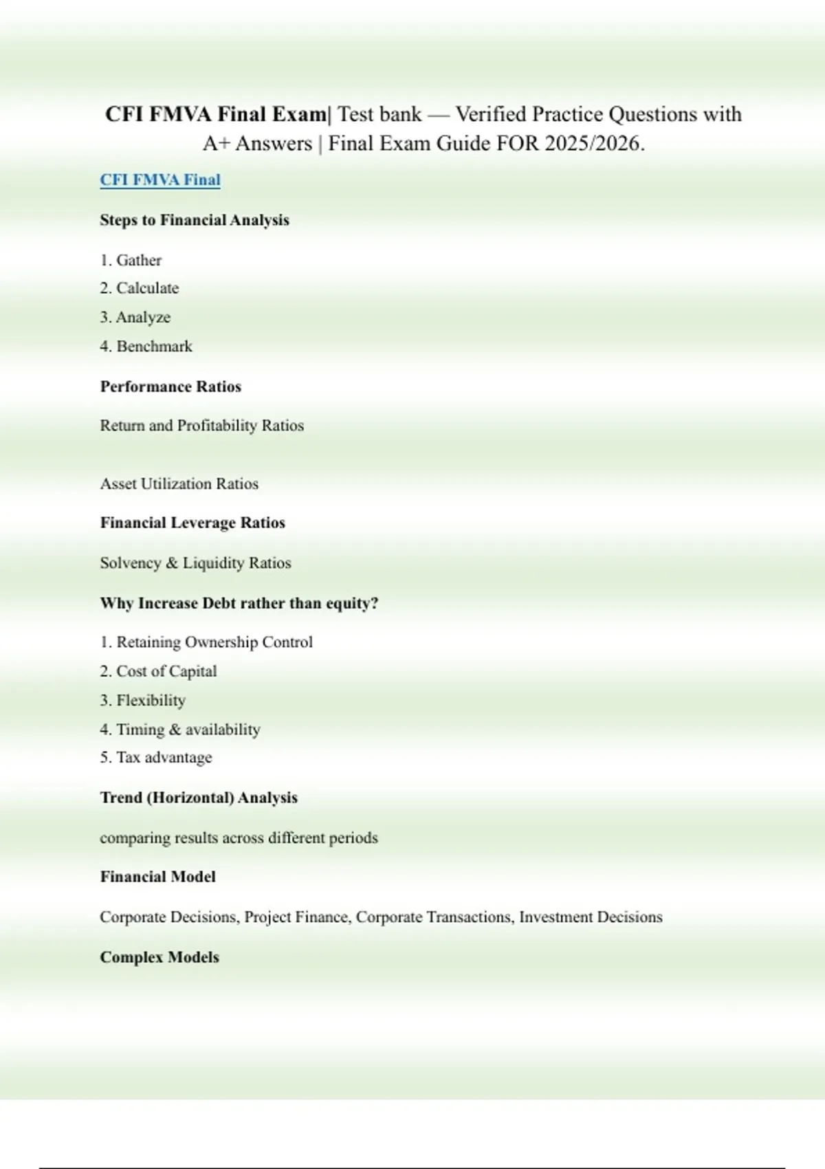 CFI FMVA Final Exam| Test bank — Verified Practice Questions with A+ ...