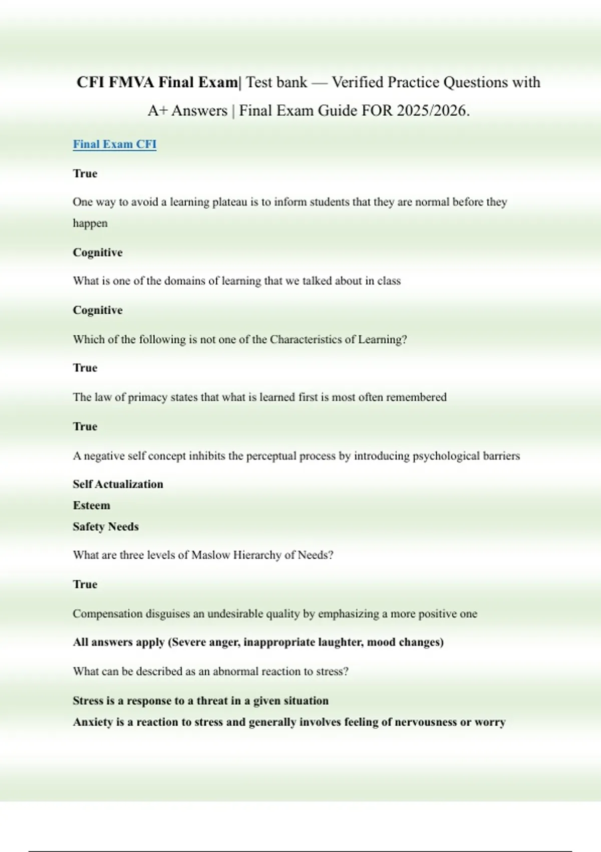 CFI FMVA Final Exam| Test bank — Verified Practice Questions with A+ ...