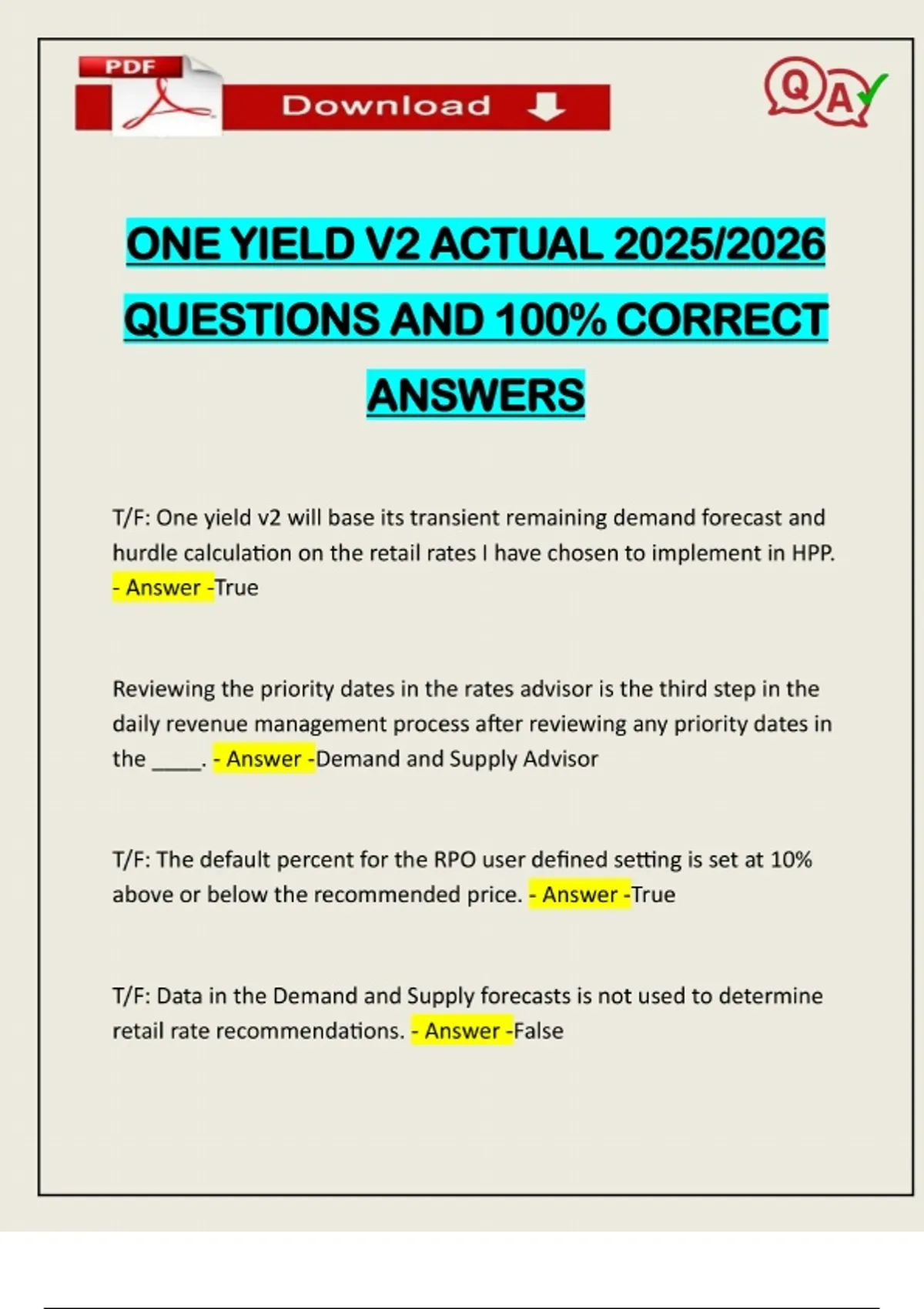 ONE YIELD V2 ACTUAL 2025/2026 QUESTIONS AND 100% CORRECT ANSWERS - ONE ...