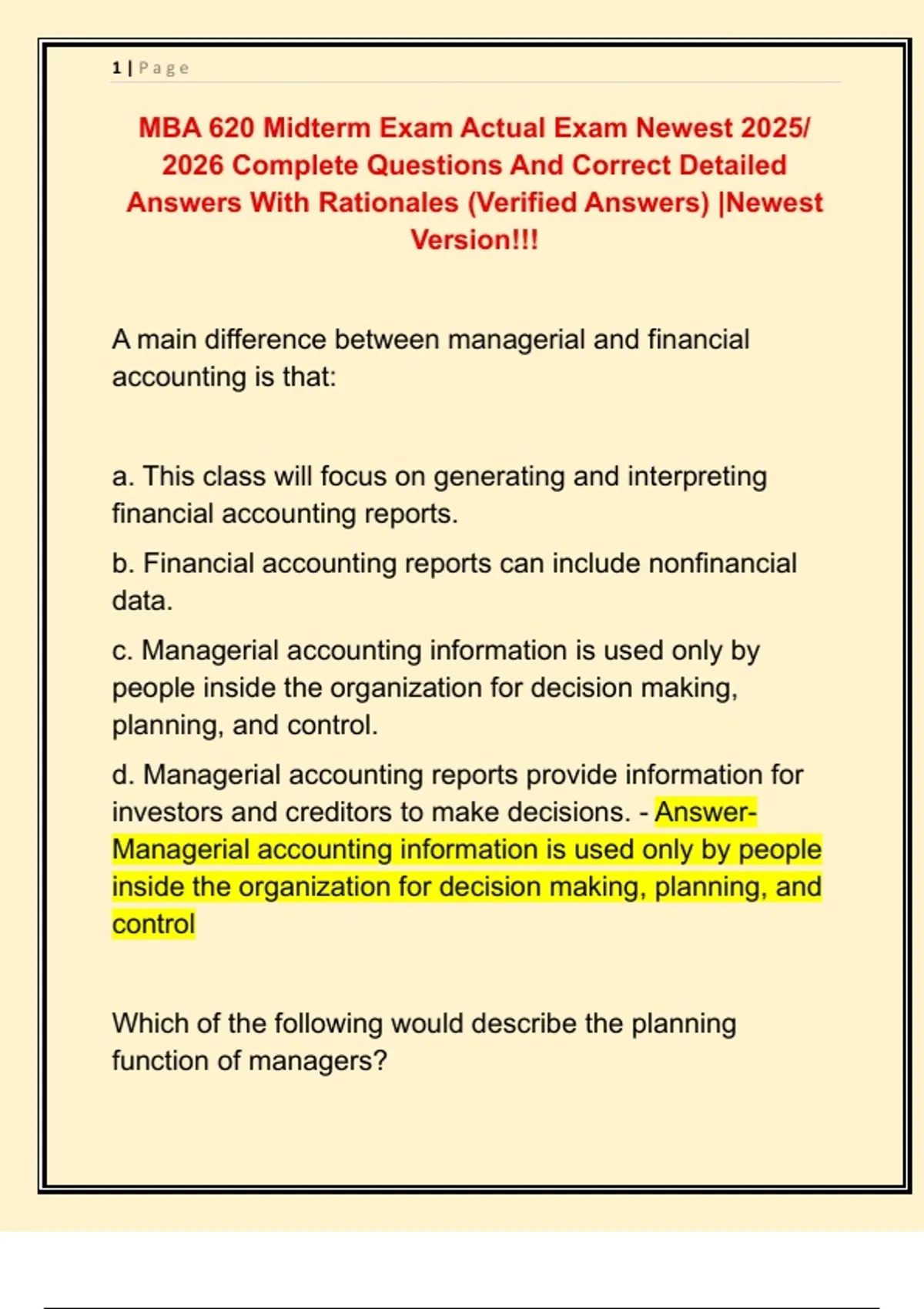 MBA 620 Midterm Exam Actual Exam Newest 2025/ 2026 Complete Questions ...