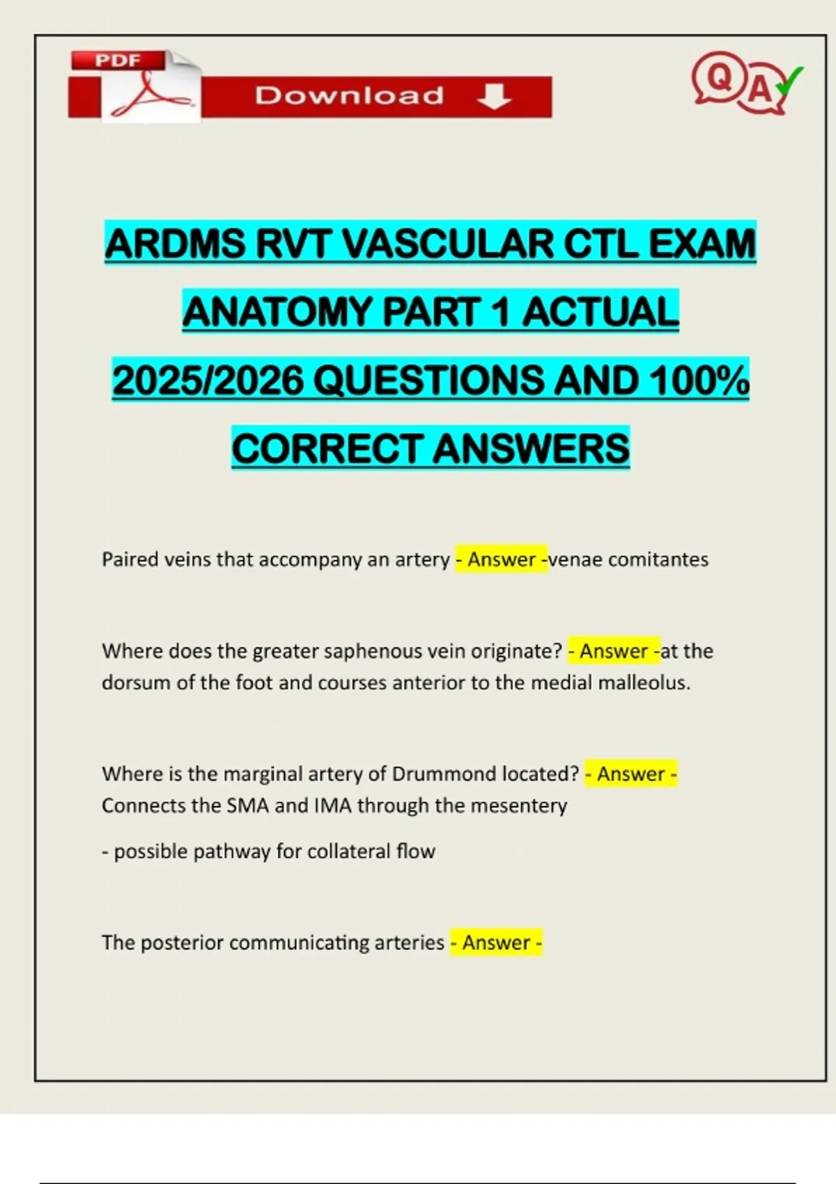 ARDMS RVT VASCULAR CTL EXAM ANATOMY PART 1 ACTUAL 2025/2026 QUESTIONS ...