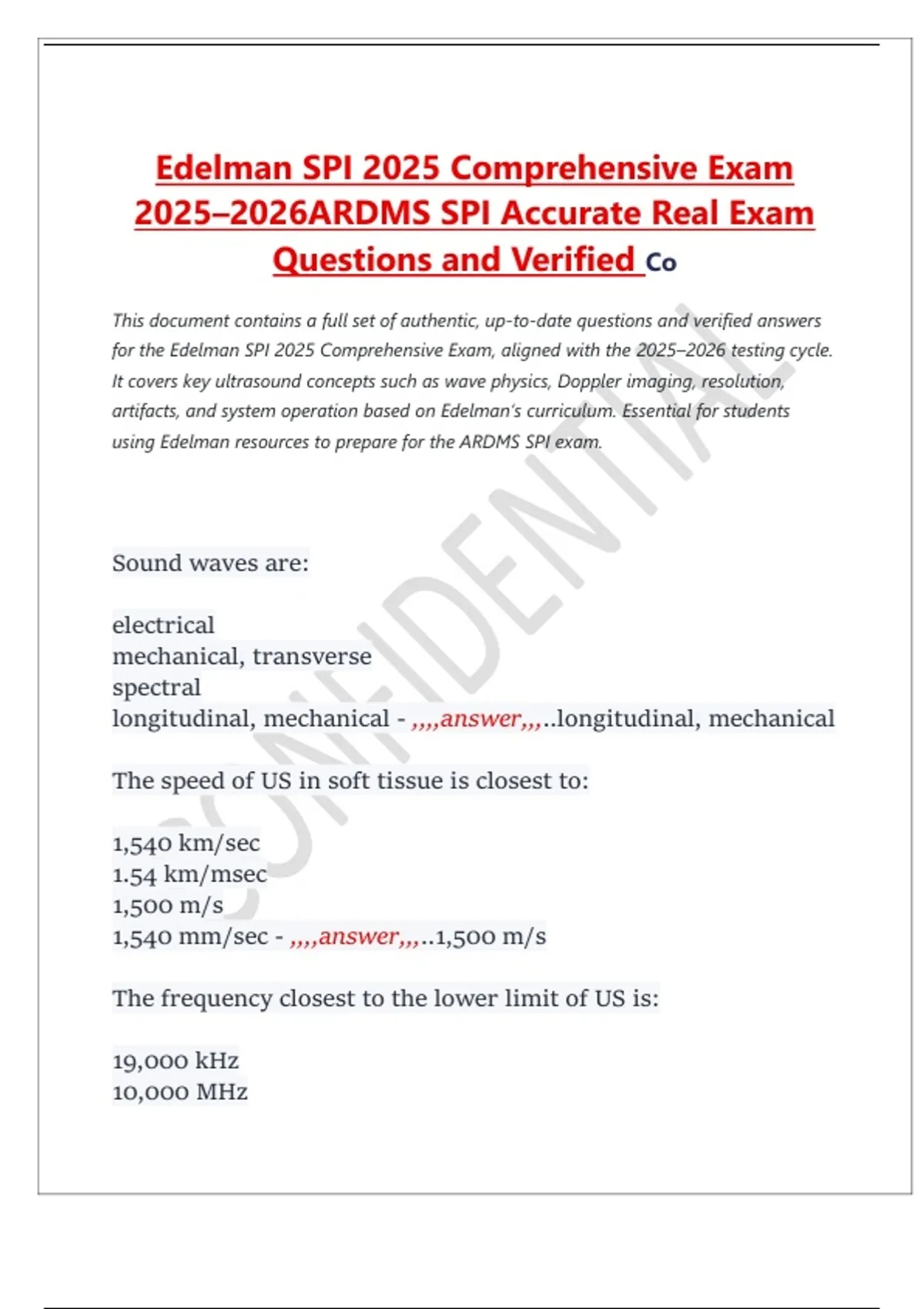 Edelman SPI 2025 Comprehensive Exam 2025–2026ARDMS SPI Accurate Real ...