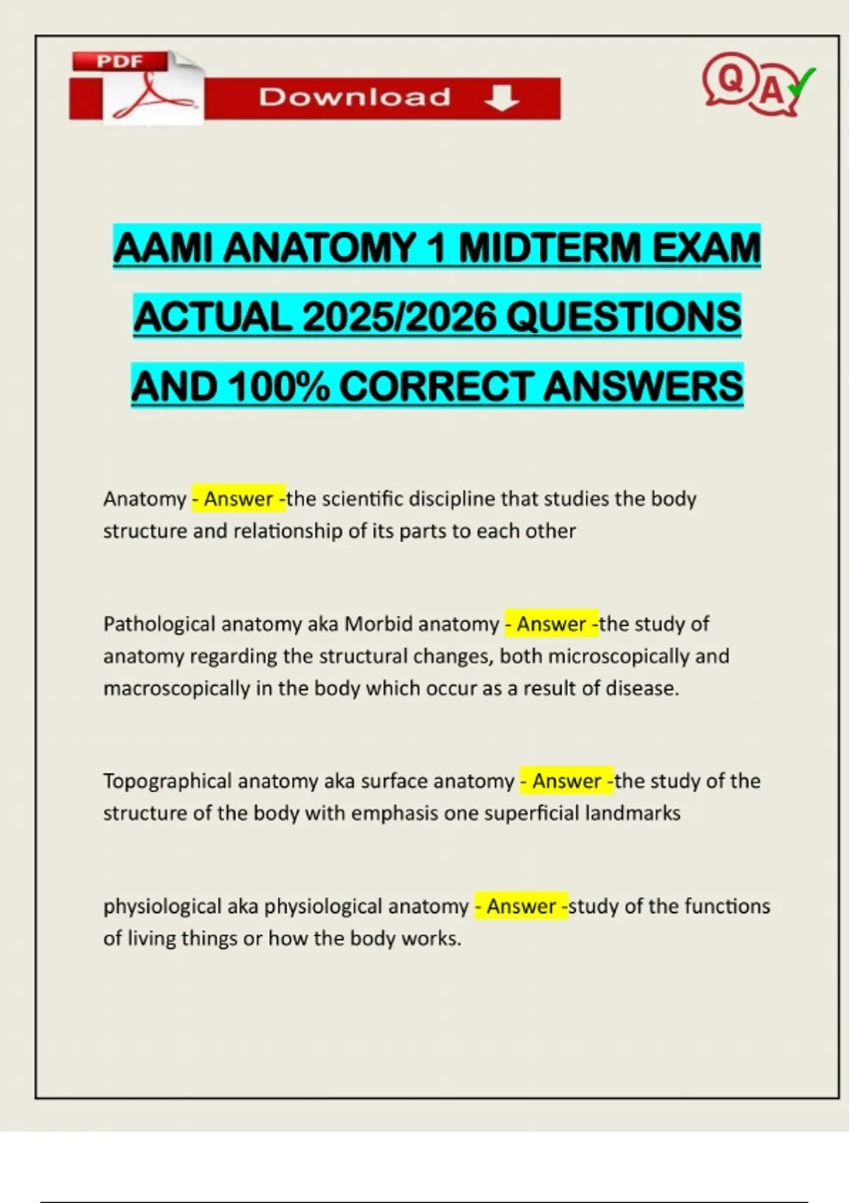 AAMI ANATOMY 1 MIDTERM EXAM ACTUAL 2025/2026 QUESTIONS AND 100% CORRECT ...