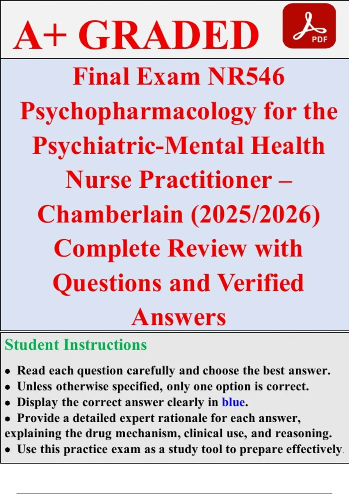 Final Exam NR546 Psychopharmacology for the Psychiatric-Mental Health ...