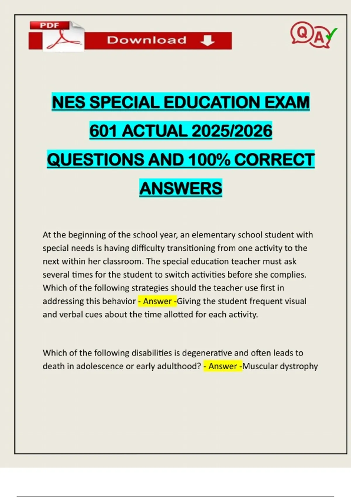 NES SPECIAL EDUCATION EXAM 601 ACTUAL 2025/2026 QUESTIONS AND 100% ...