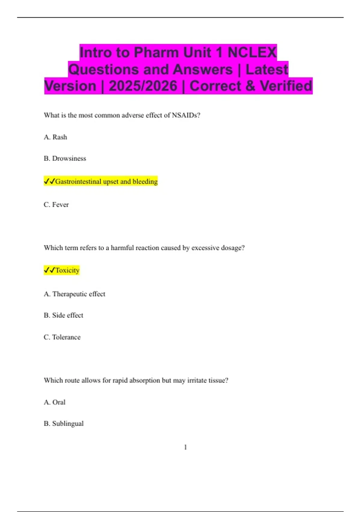 Intro to Pharm Unit 1 NCLEX Questions and Answers | Latest Version ...