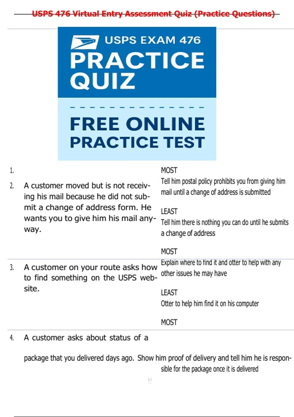 USPS 476 Virtual Entry Assessment Quiz (Practice Questions) - Usps ...