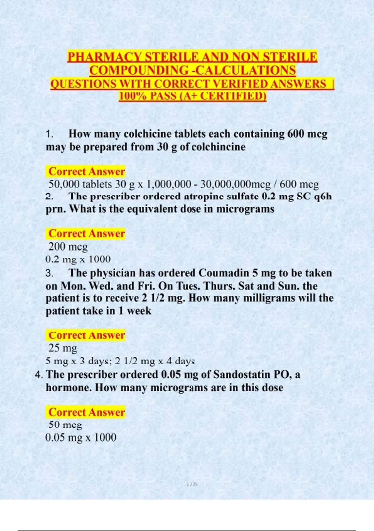 PHARMACY STERILE AND NON STERILE COMPOUNDING -CALCULATIONS QUESTIONS ...