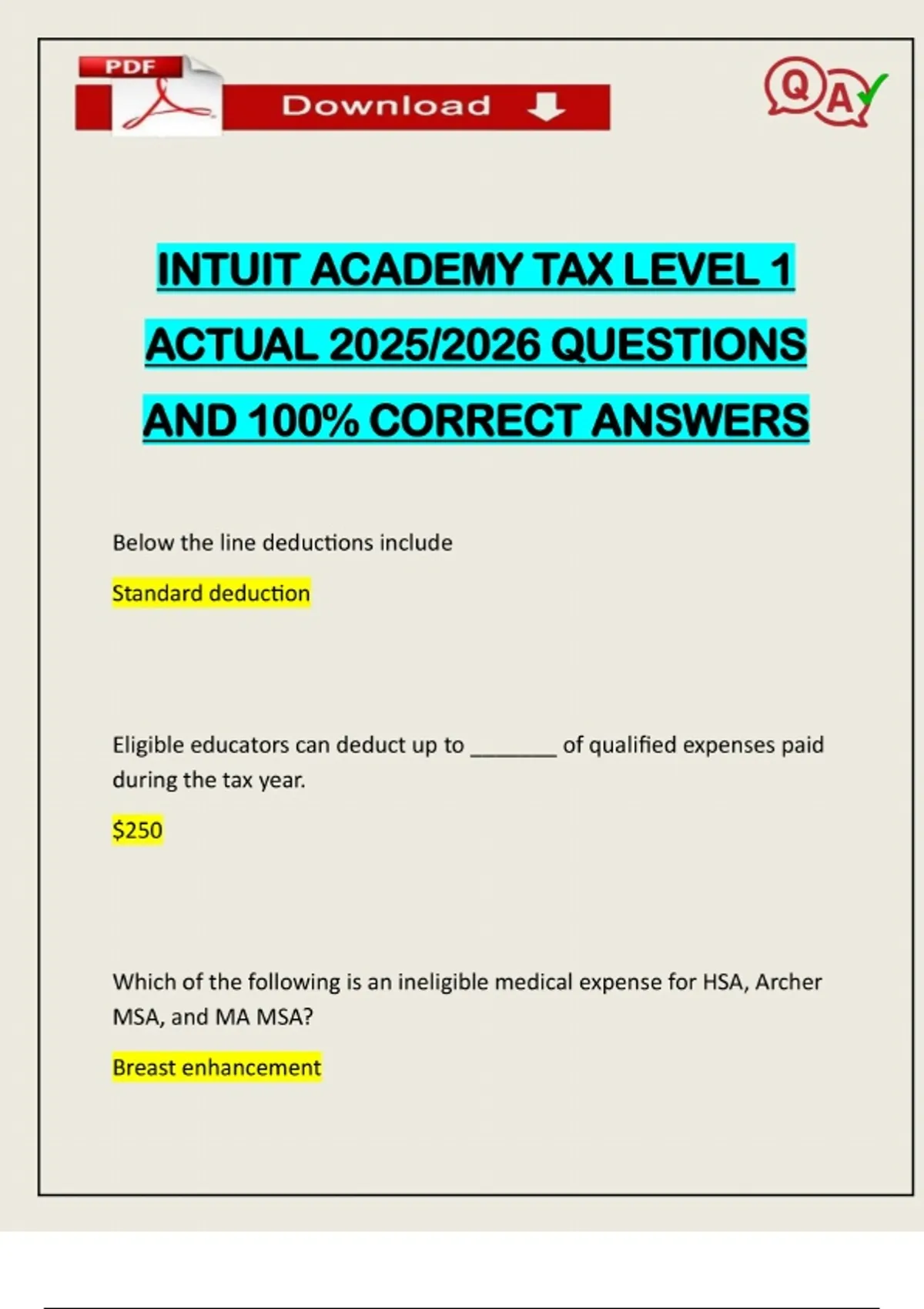 INTUIT ACADEMY TAX LEVEL 1 ACTUAL 2025/2026 QUESTIONS AND 100% CORRECT ...