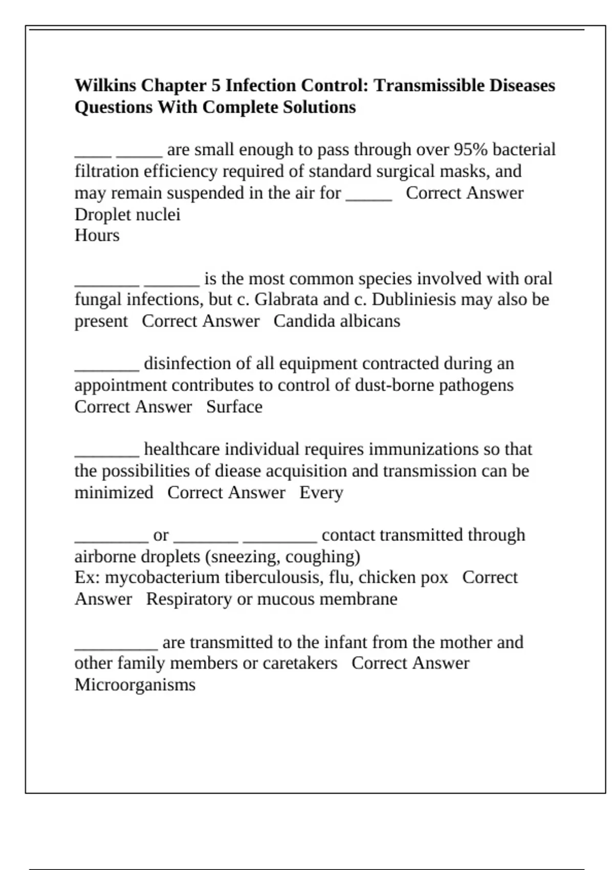 Wilkins Chapter 5 Infection Control: Transmissible Diseases Questions ...