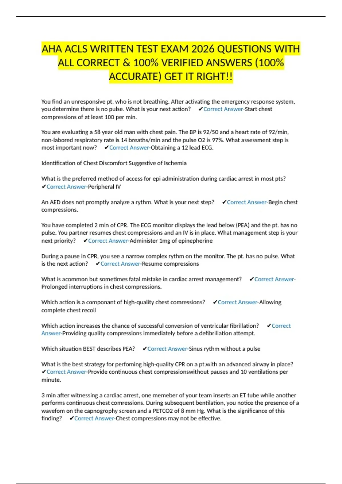 AHA ACLS WRITTEN TEST EXAM 2026 QUESTIONS WITH ALL CORRECT & 100% ...