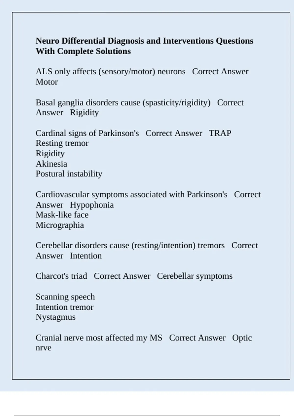 Neuro Differential Diagnosis and Interventions Questions With Complete ...