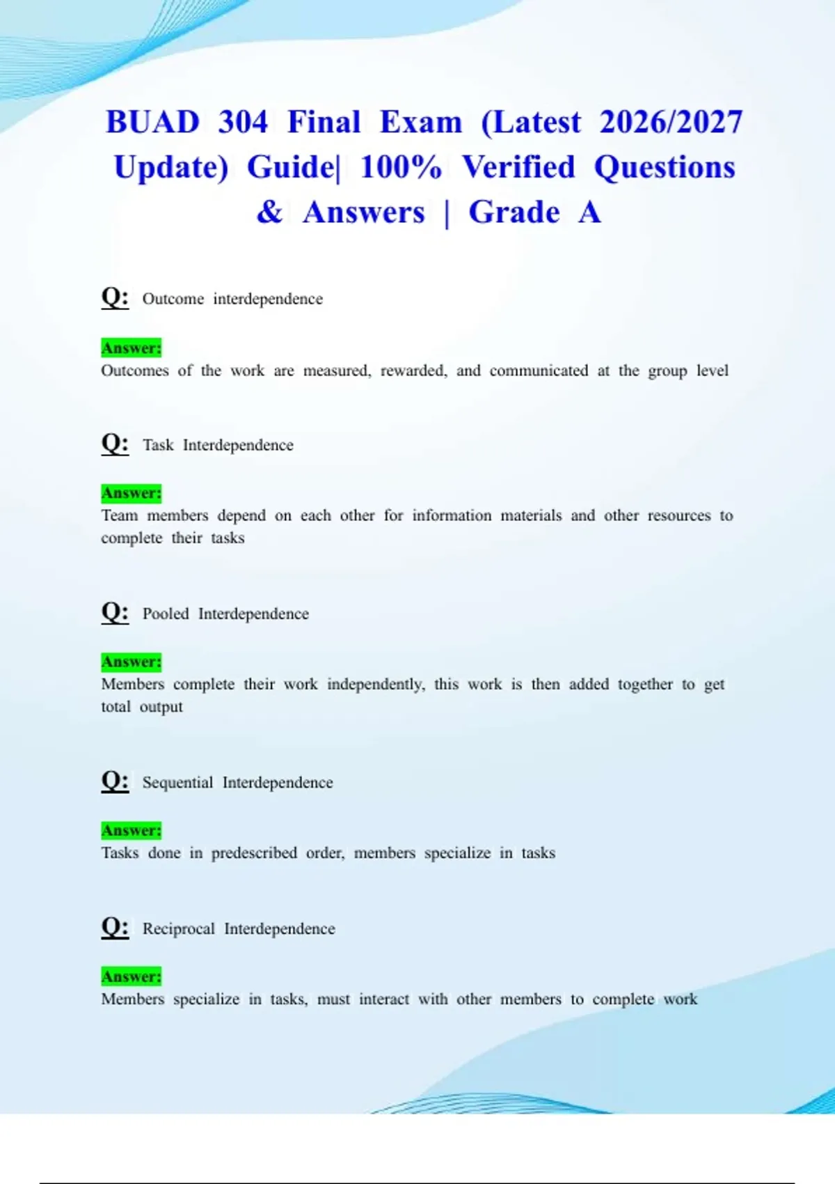 BUAD 304 Final Exam (Latest 2026/2027 Update) Guide| 100% Verified ...