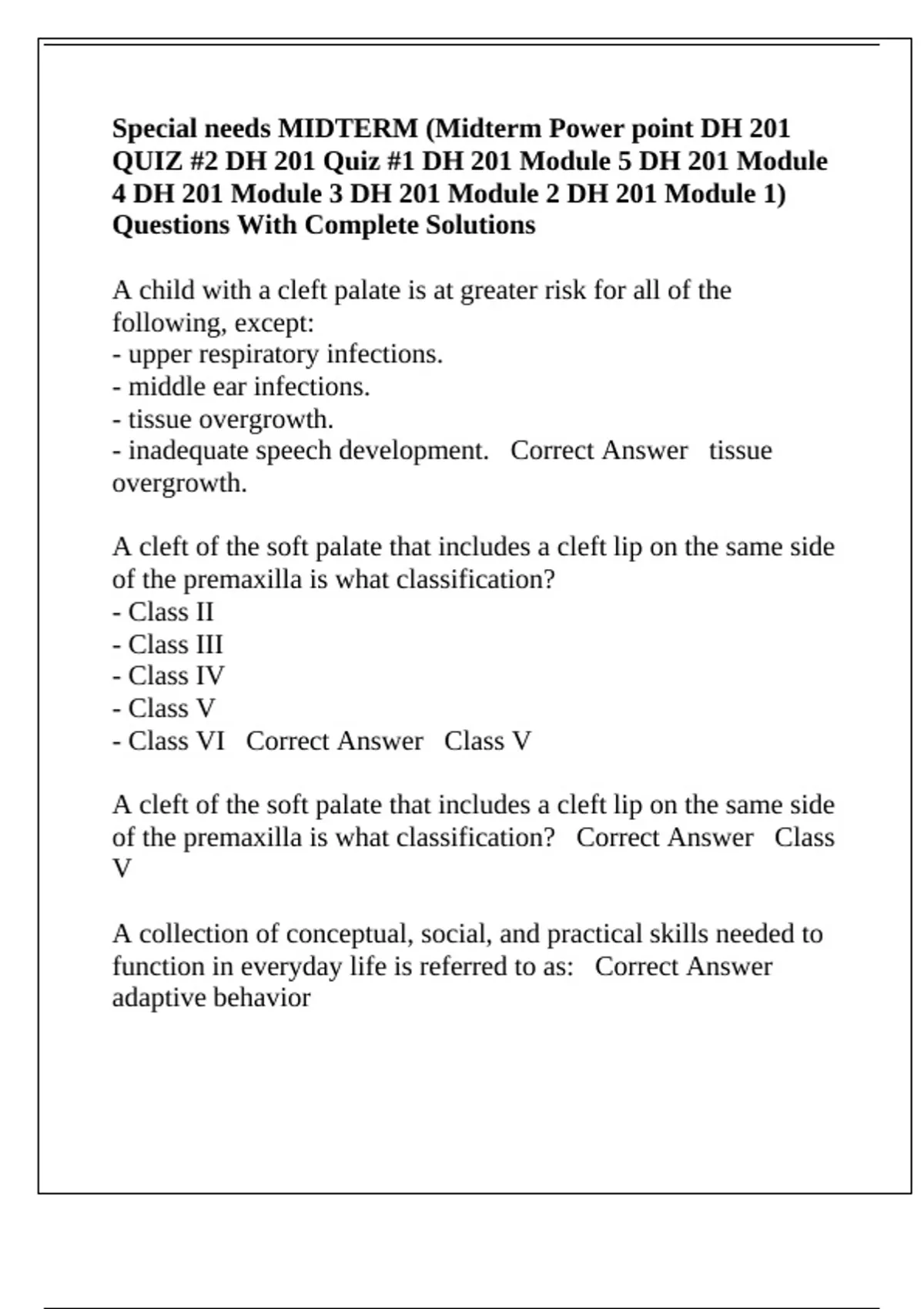 Special needs MIDTERM (Midterm Power point DH 201 QUIZ #2 DH 201 Quiz #1 DH 201 Module 5 DH 201 ...